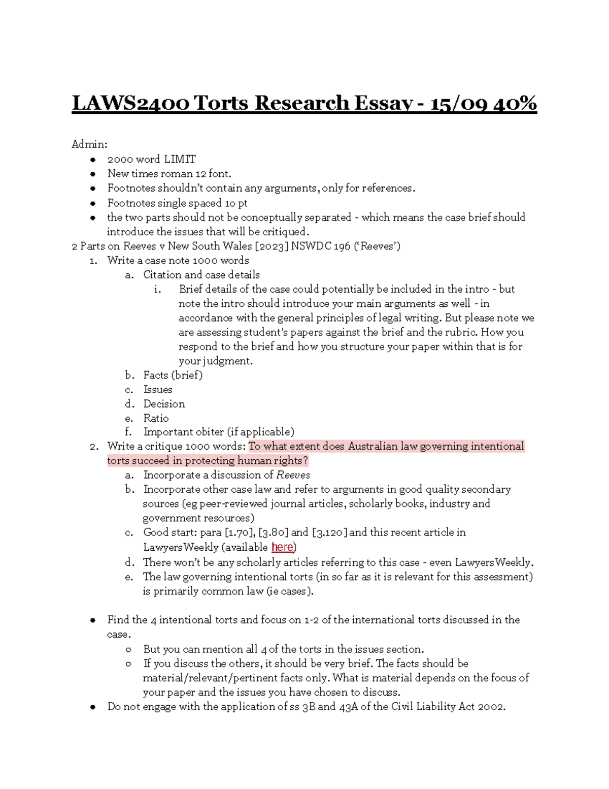 LAWS2400 Instructions Torts Research Essay - LAWS2400 Torts Research ...