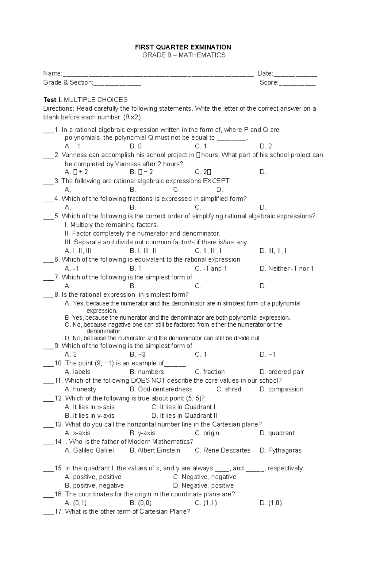 1st quater math 8 exam - summative test - FIRST QUARTER EXMINATION ...