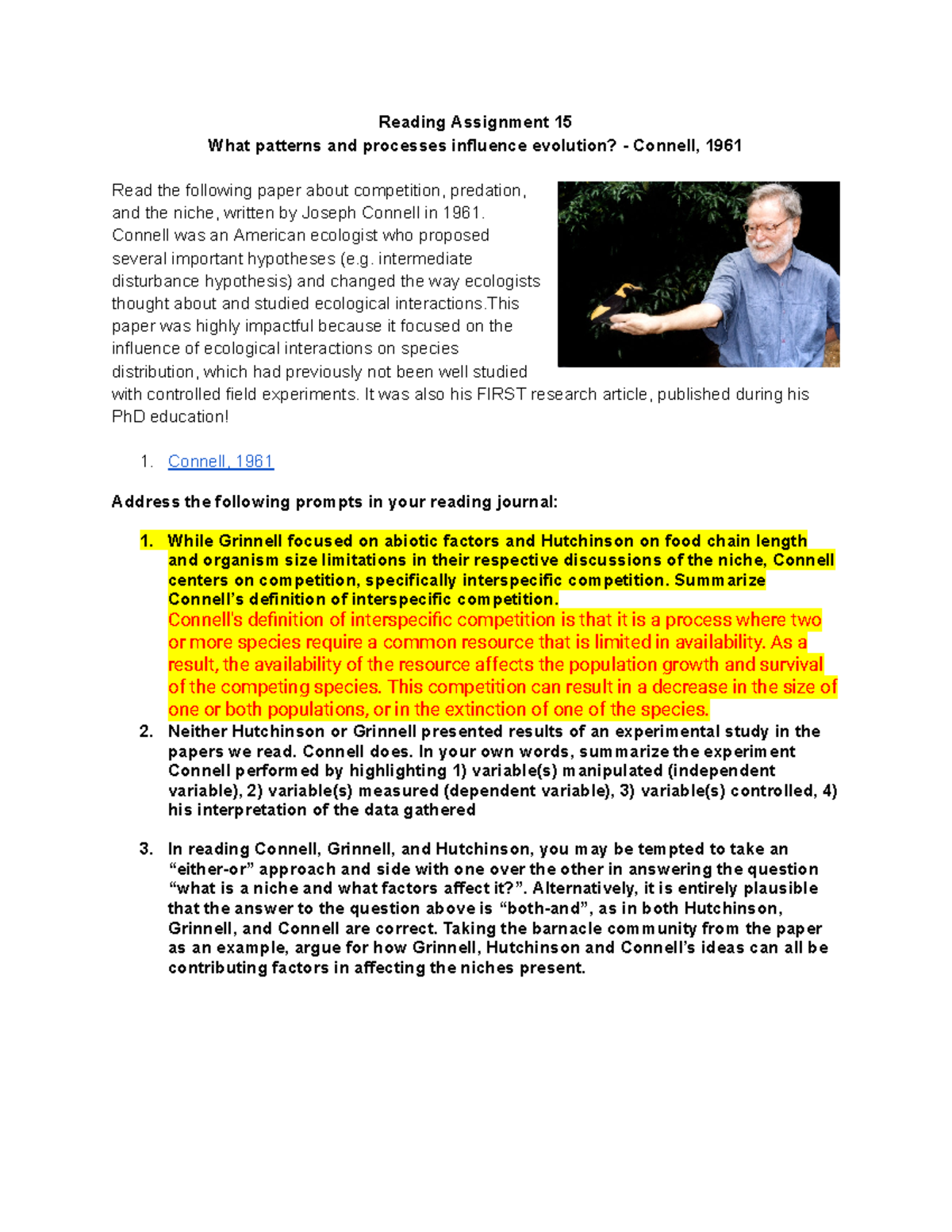 Reading Assignment 15 Evolution Connell 1961 - Reading Assignment 15 ...