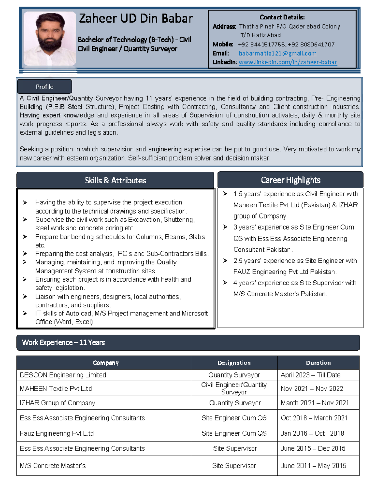 Babar Resume (Civil Engineer Q - Work Experience – 11 Years A Civil ...
