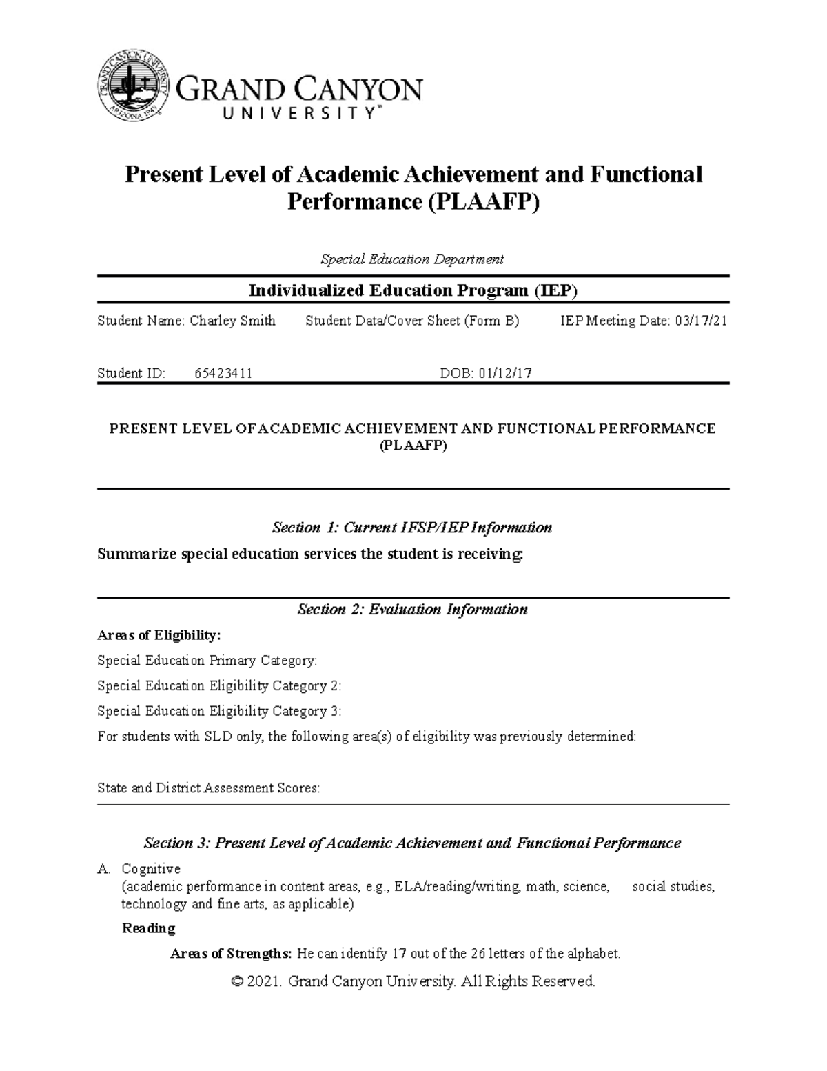 Plaafp - Present Level of Academic Achievement and Functional ...