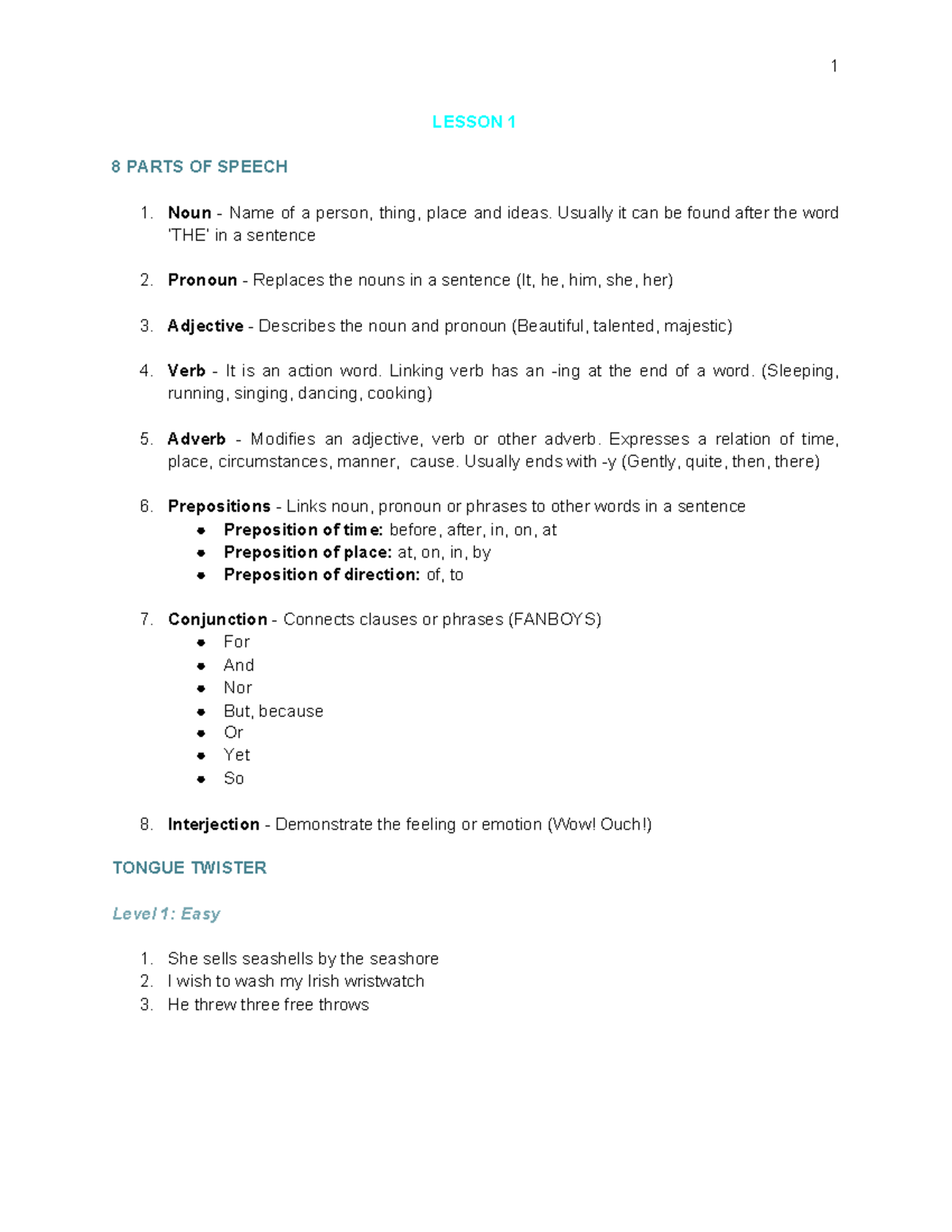 [ENG-1] Speech Communication - LESSON 1 8 PARTS OF SPEECH Noun - Name ...