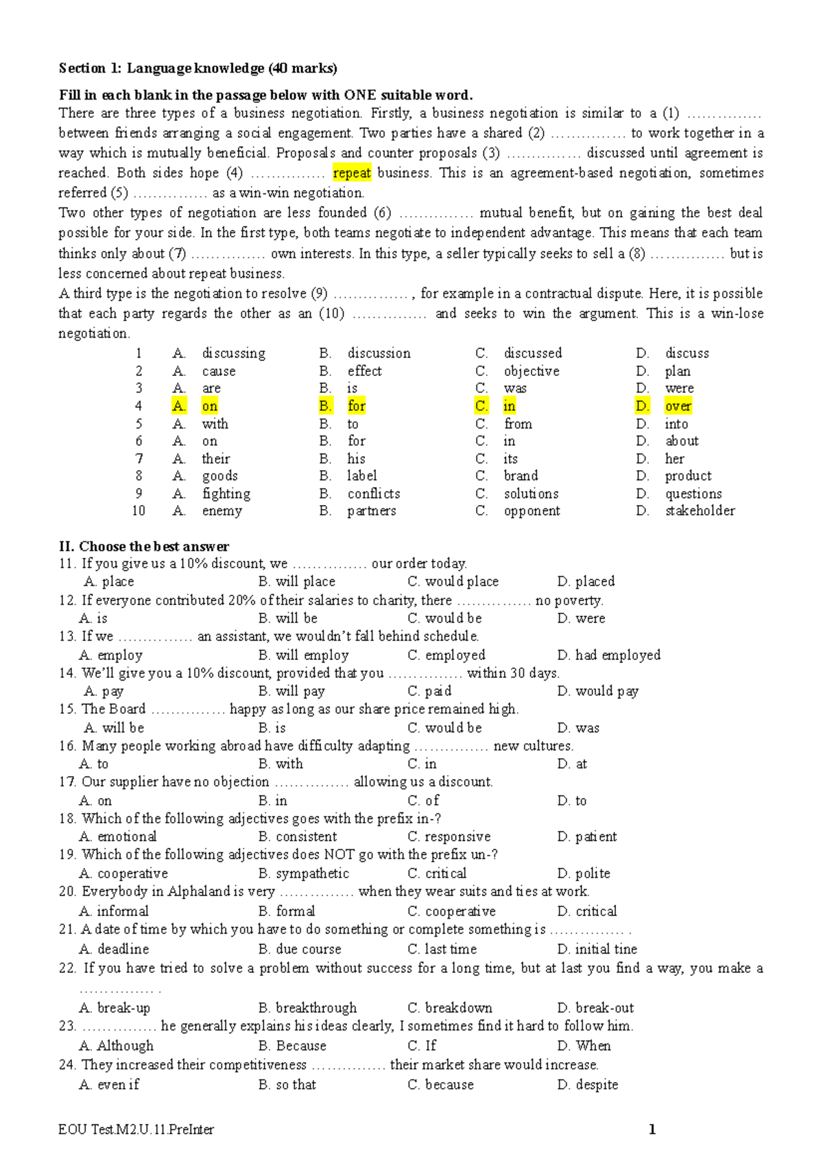 Eng1 - Business English Mock Test - Section 1: Language knowledge (40 ...