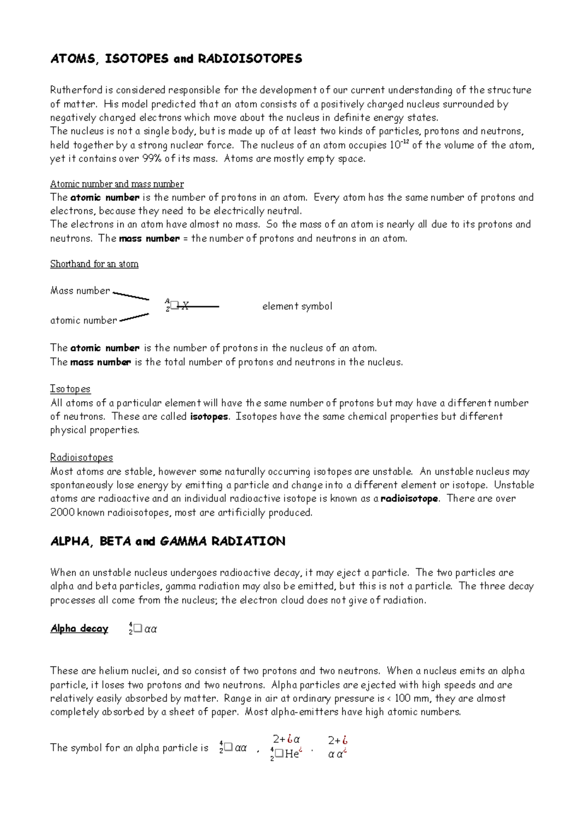 Summary Notes Unit 1 Nuclear & Radiation - ATOMS, ISOTOPES and ...