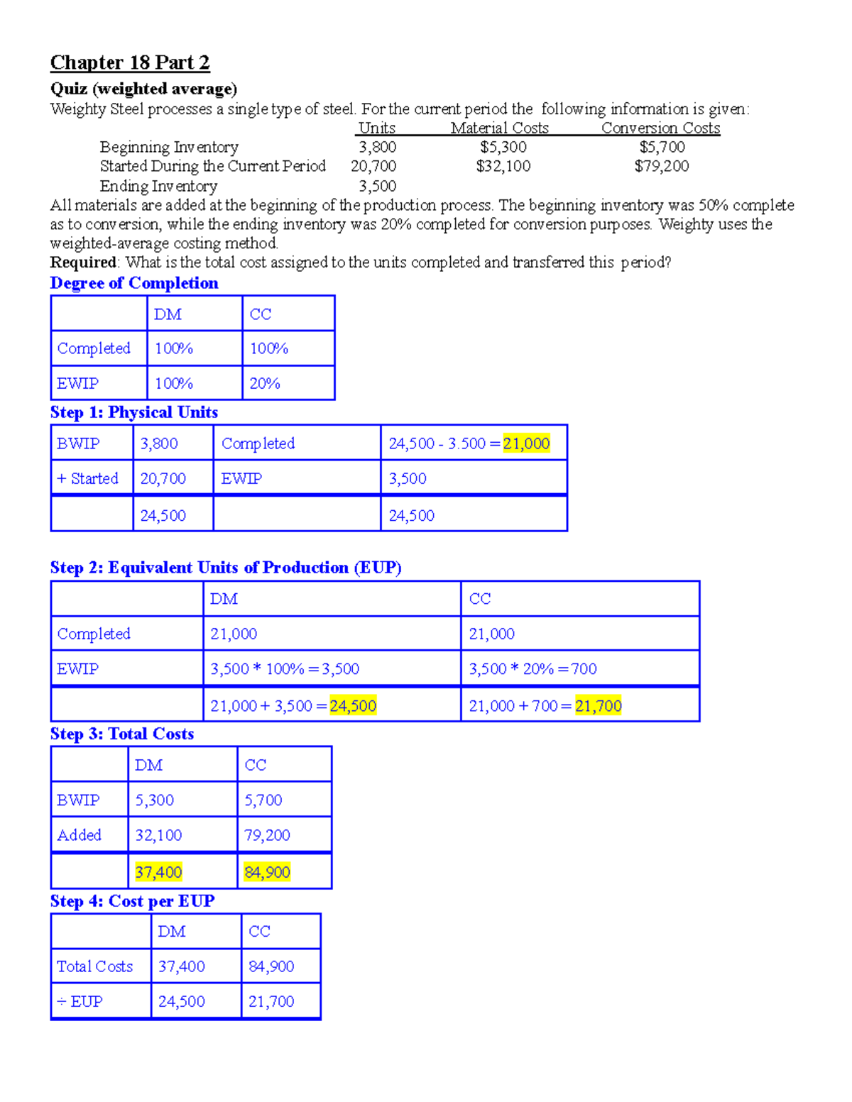 Chapter 18 Part 2 Solutions - Chapter 18 Part 2 Quiz (weighted average) Weighty Steel processes ...