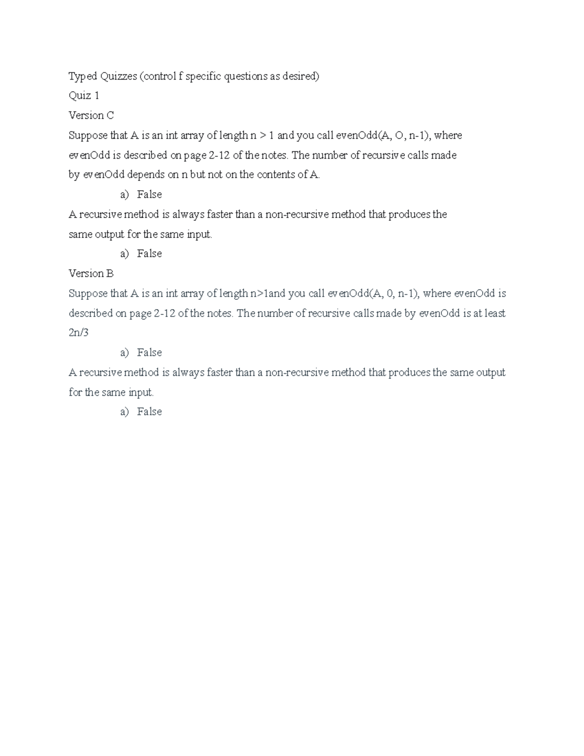 CS114 Quiz Explanation - Typed Quizzes (control f specific questions as ...