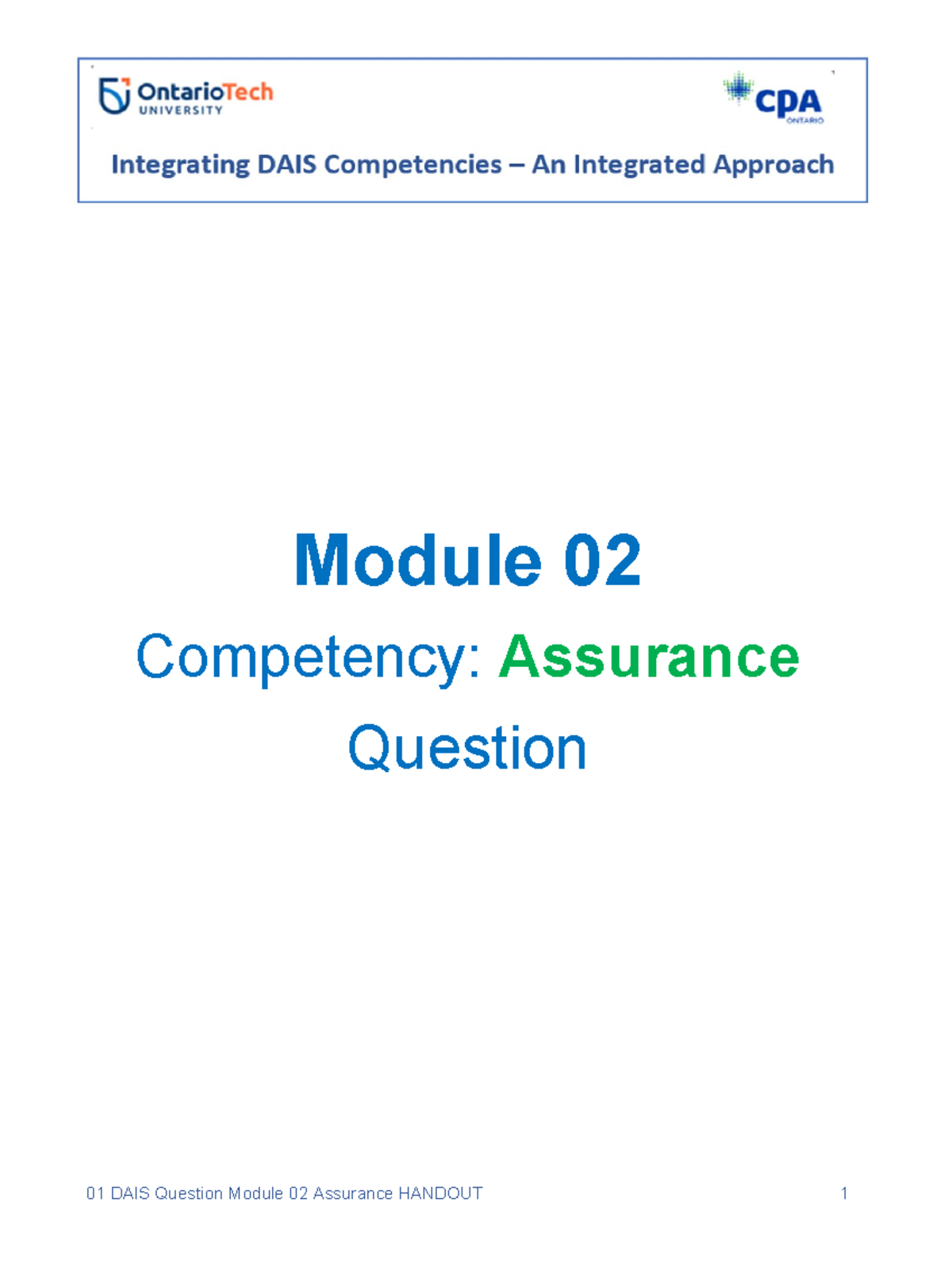 01 DAIS Question Module 02 Assurance Handout - Module 02 Competency: Assurance Question CPA Map ...
