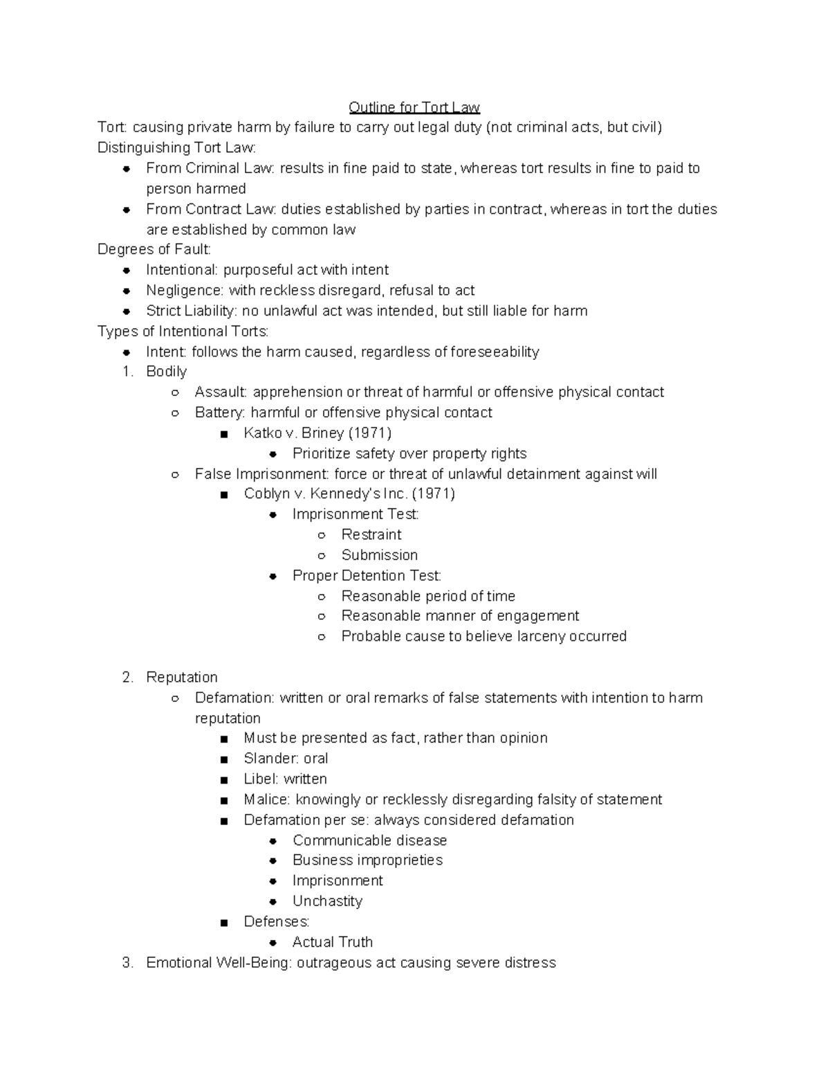 Outline for Tort Law - Tort Law - Outline for Tort Law Tort: causing ...