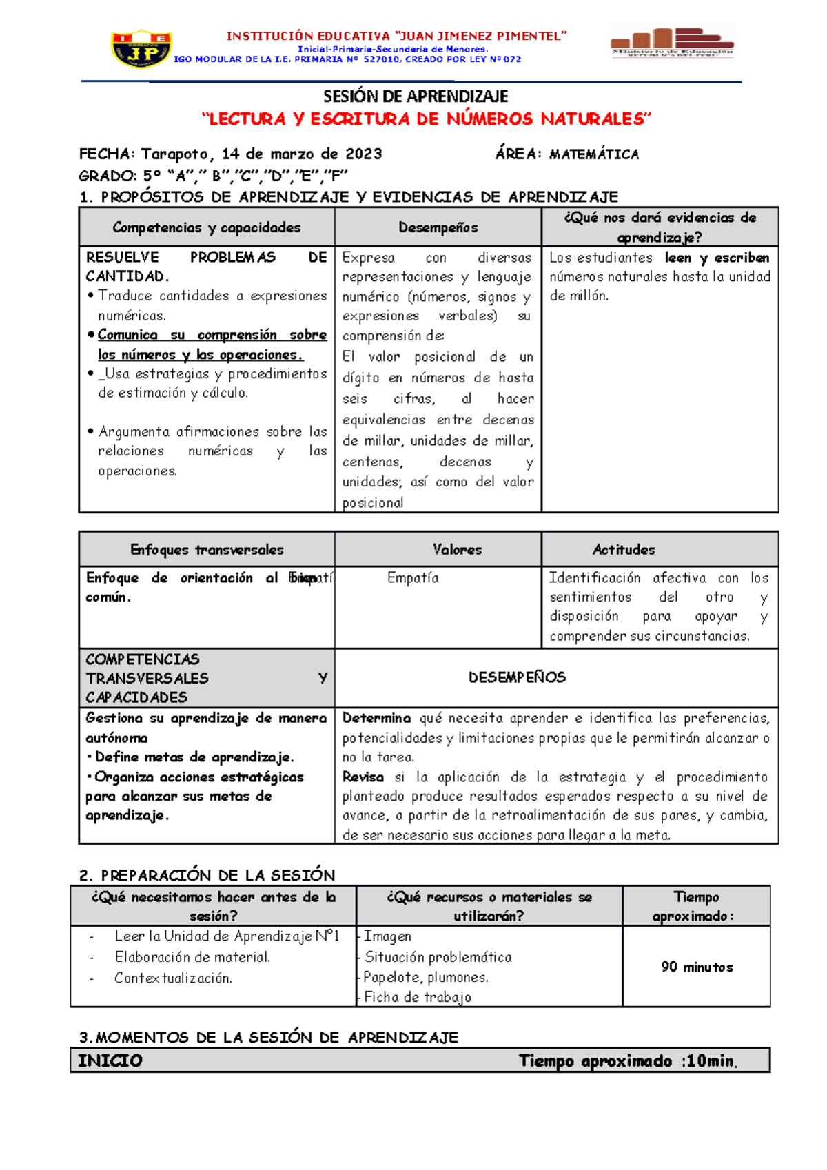 5º Matem Lectura Y Escritura DE N - Inicial-Primaria-Secundaria de Menores. CÓDIGO MODULAR DE LA ...