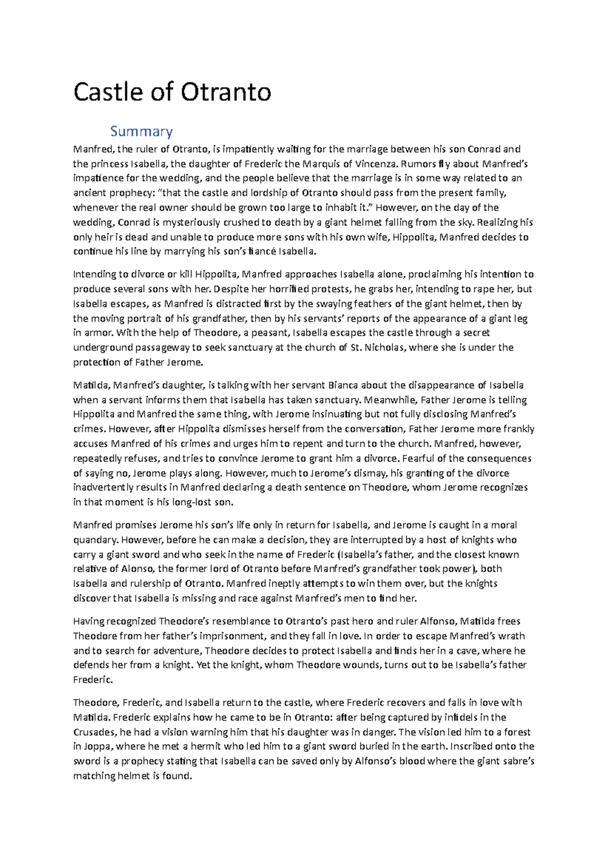 Castle of Otranto - Samenvatting - Castle of Otranto Summary Manfred ...