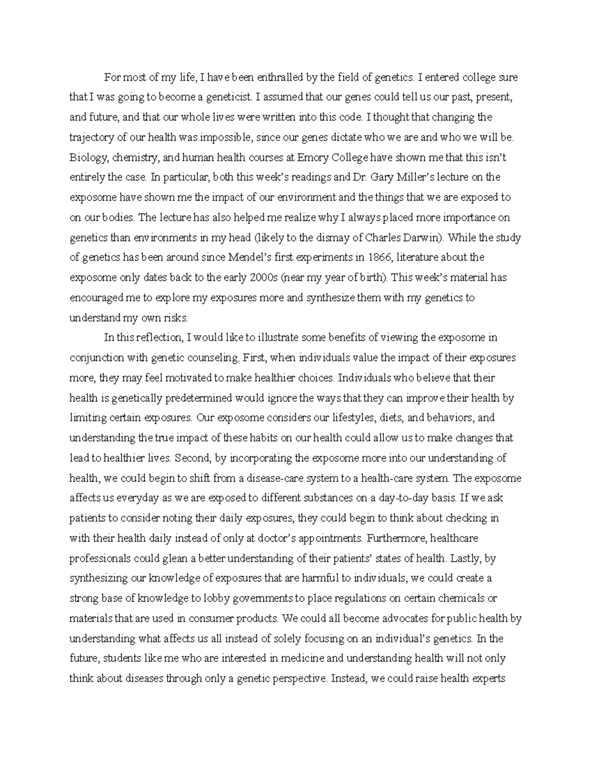 Health 210 Week 11 Reflection - For most of my life, I have been ...