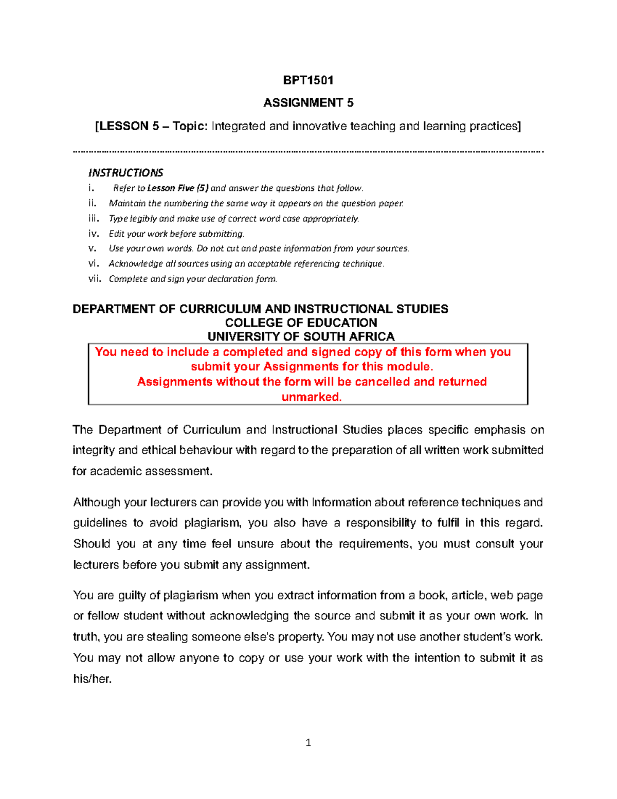 Assignment 5(1) - BPT ASSIGNMENT 5 [LESSON 5 – Topic: Integrated and ...