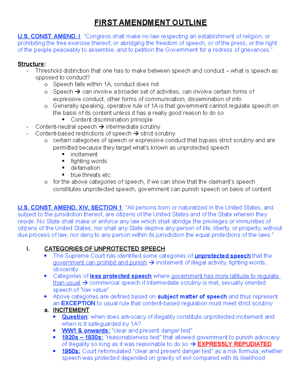 Outline - FIRST AMENDMENT OUTLINE U. CONST. AMEND. I: “Congress shall ...