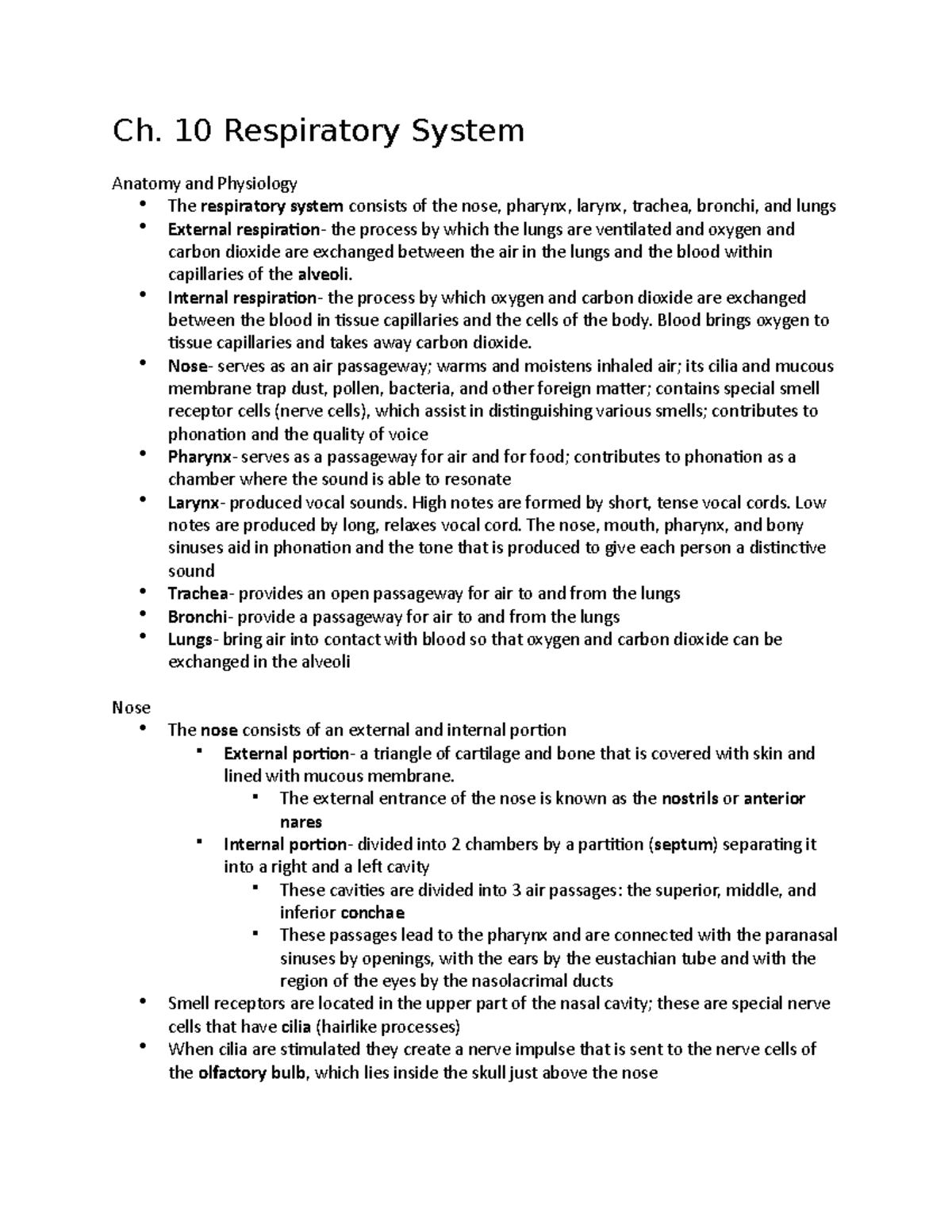 Ch. 10 Respiratory System - Ch. 10 Respiratory System Anatomy and ...