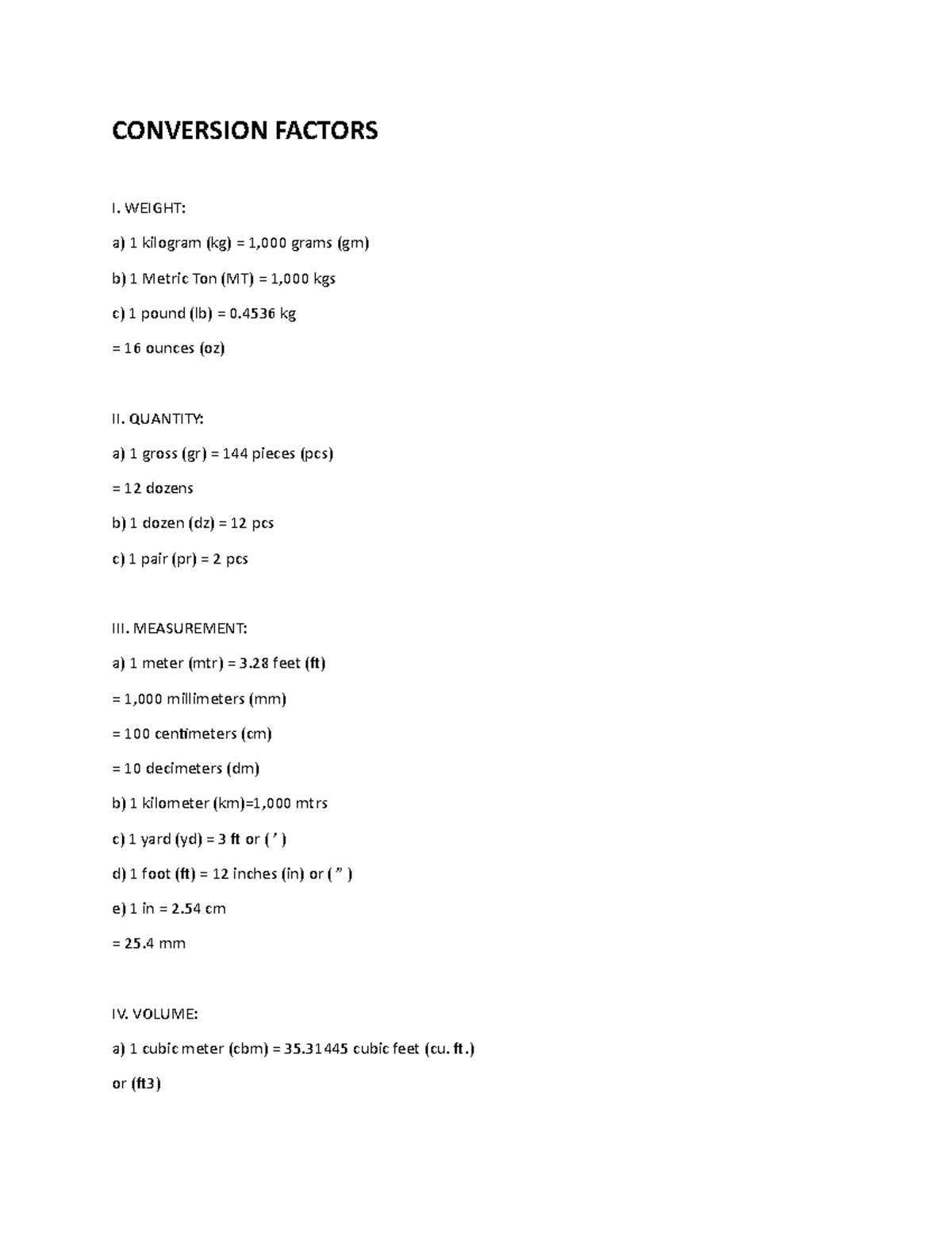 Conversion Factors - Notes - CONVERSION FACTORS I. WEIGHT: a) 1 ...