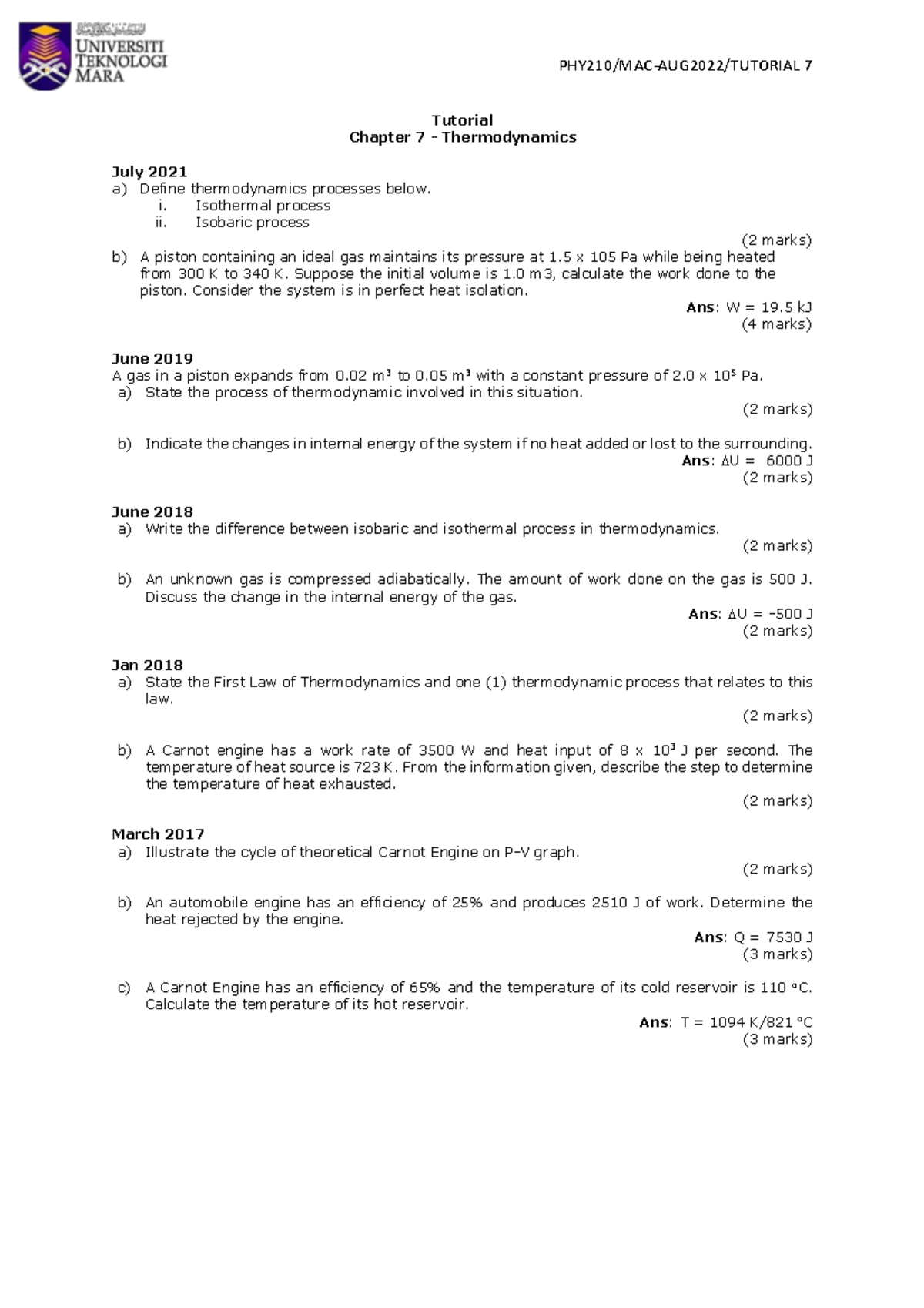 Tutorial 7 - qustion year sep 2015, july 2019, and so on - PHY210/MAC ...