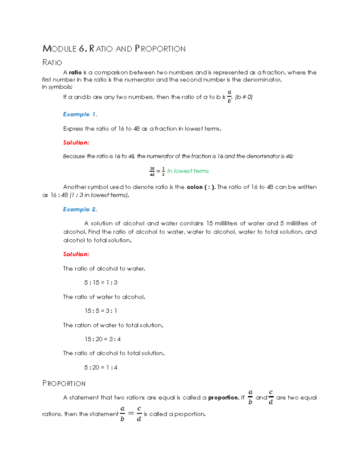 Math A Module 6 - MODULE 6. RATIO AND PROPORTION RATIO A ratio is a ...