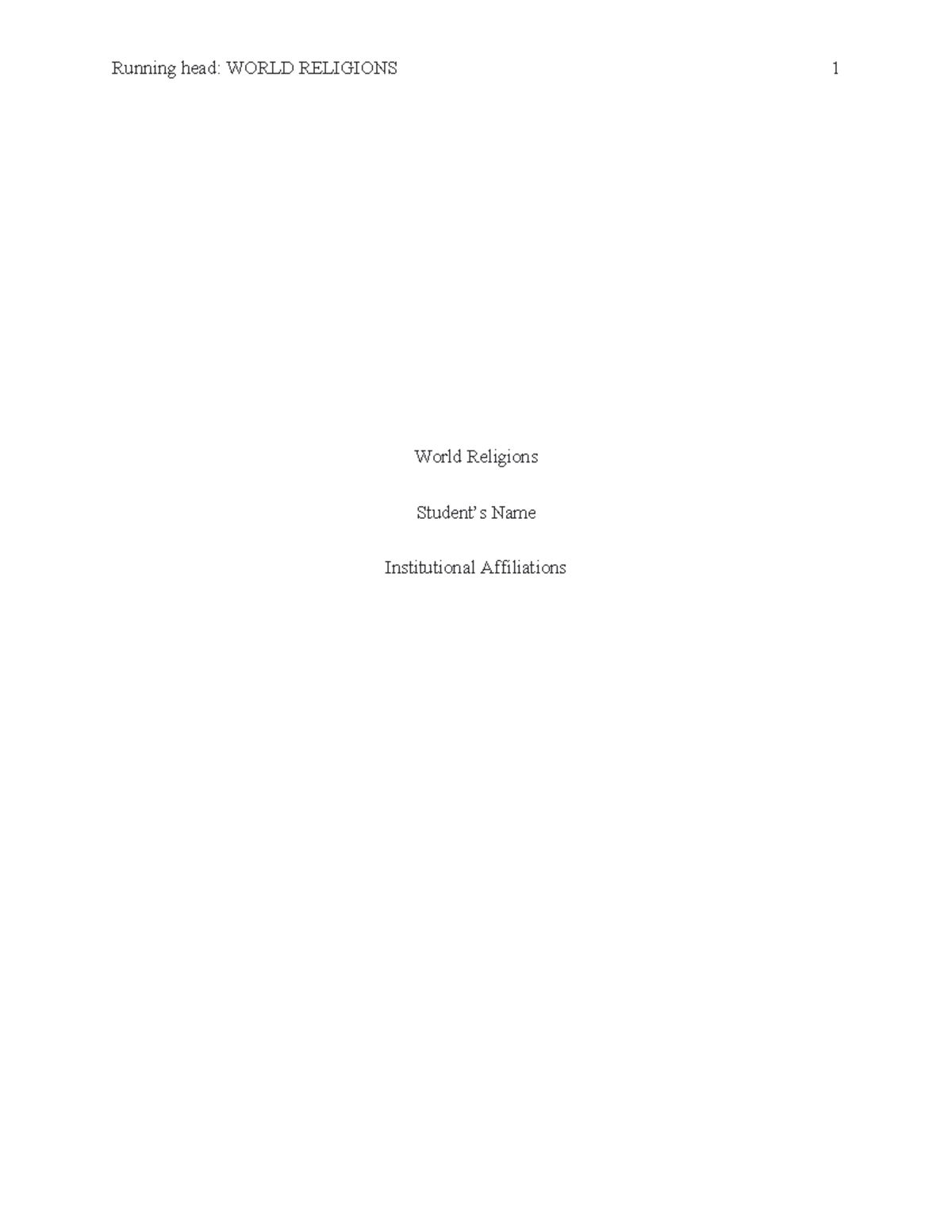 World religions - Running head: WORLD RELIGIONS 1 World Religions ...