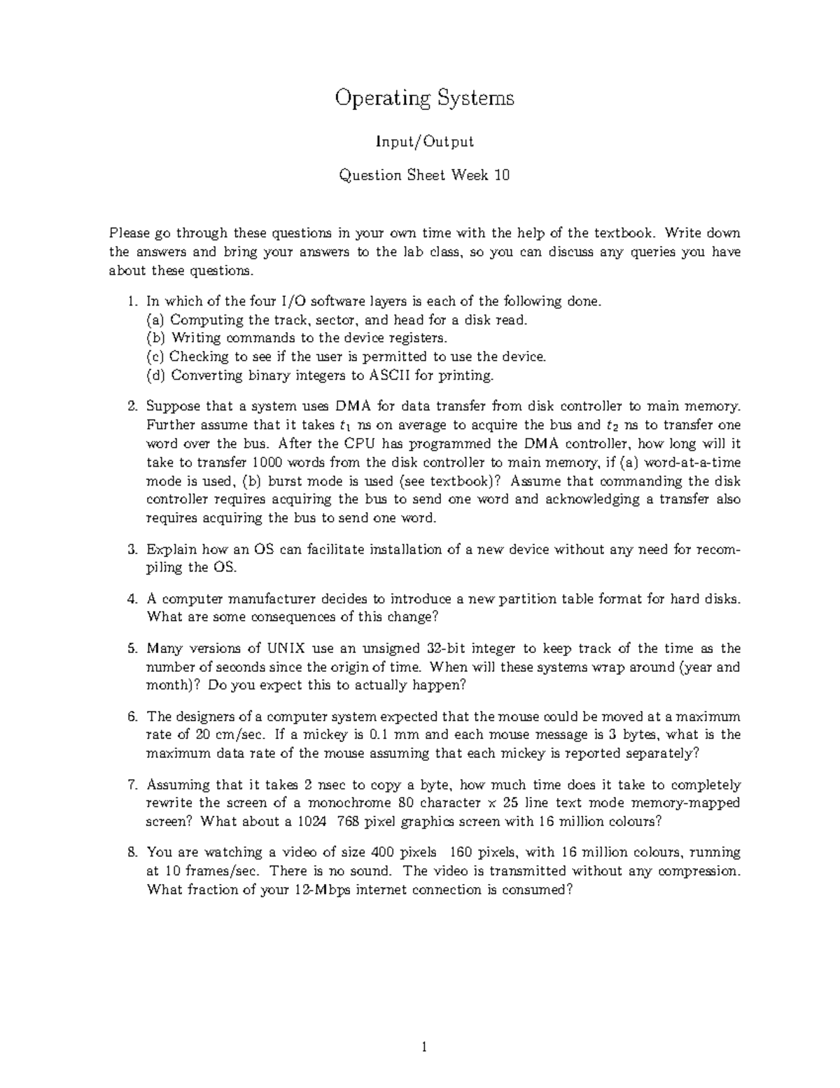 Question set 10 - Questions - Operating Systems Input/Output Question ...
