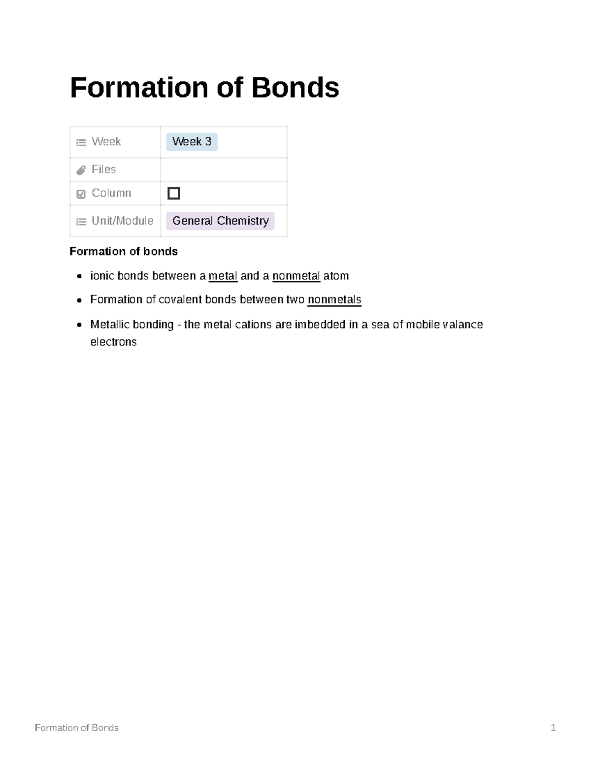 Formation of Bonds - Week 3 - General chemistry - Formation of Bonds 1 ...