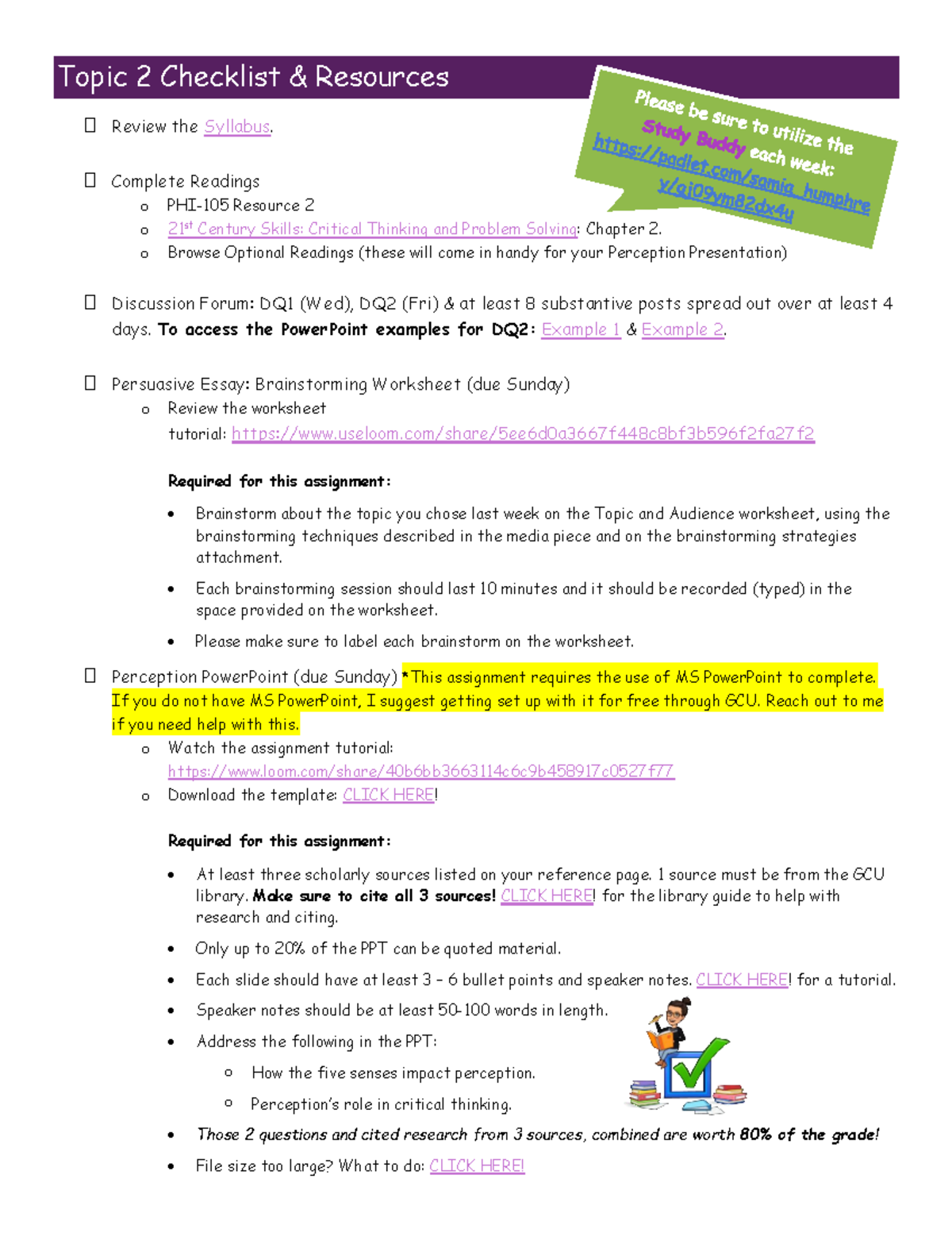 Topic 2 Checklist for each week of class - Topic 2 Checklist ...