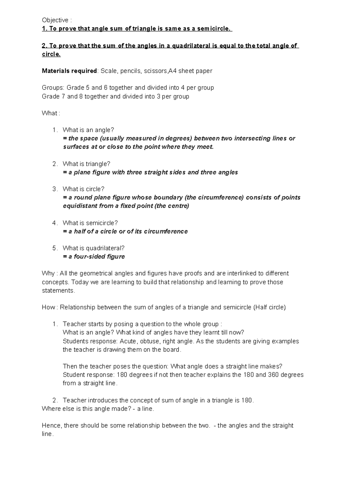 AYS Math activity plan 5- 8 - Objective : To prove that angle sum of ...
