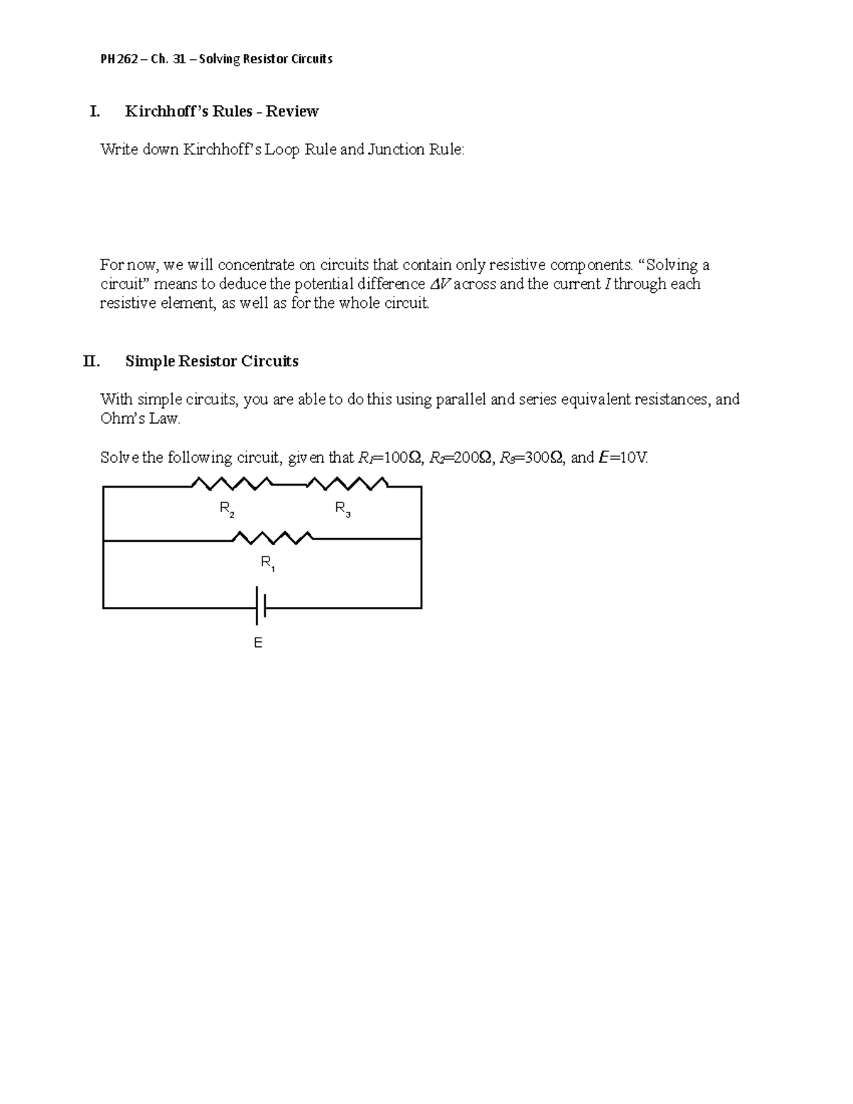Worksheet KLaws RCircuits(1) - PH262 – Ch. 31 – Solving Resistor ...