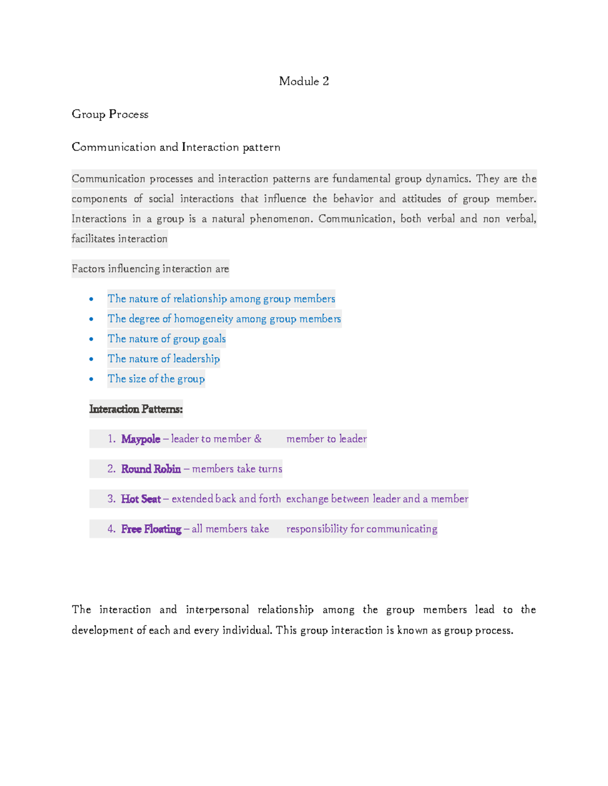 Group Work notes final - Module 2 Group Process Communication and ...