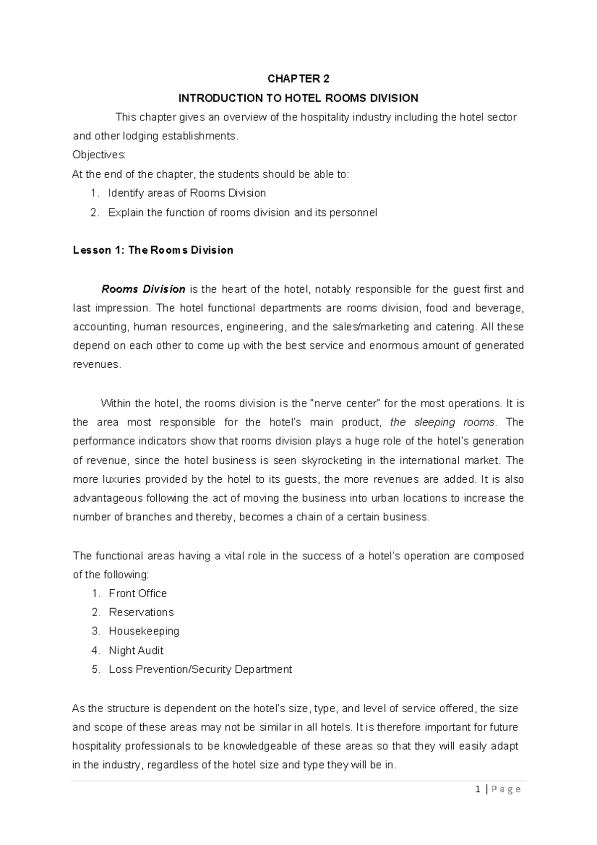 Introduction OF ROOM Division ( Chapter 2) - CHAPTER 2 INTRODUCTION TO ...