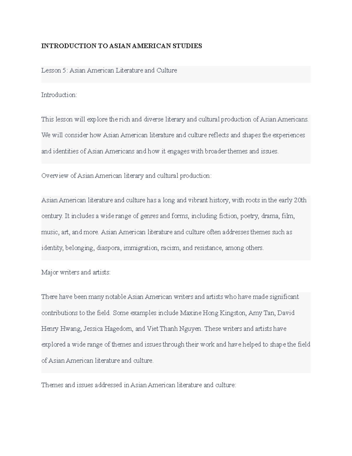AAS lecture notes - INTRODUCTION TO ASIAN AMERICAN STUDIES Lesson 5 ...