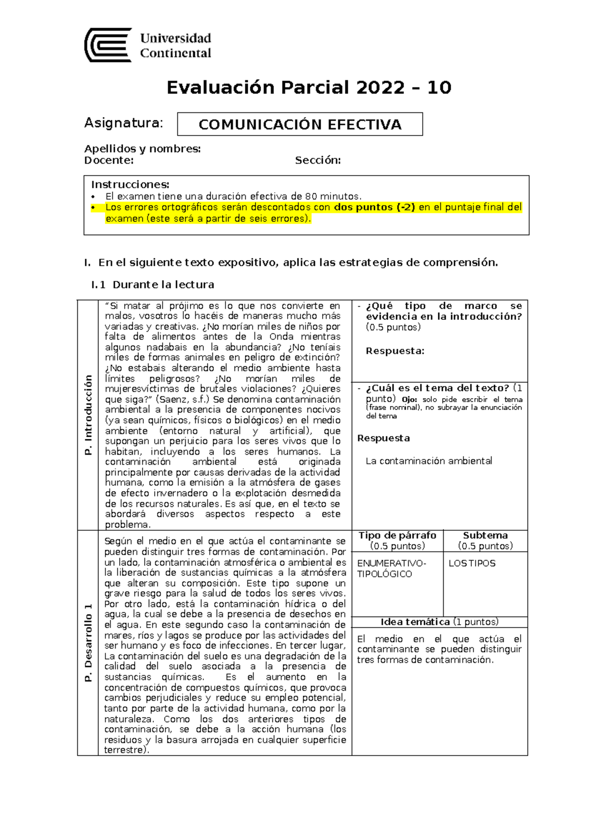 Evaluación Parcial (1) - Evaluación Parcial 2022 – 10 Asignatura: Apellidos y nombres: Docente ...