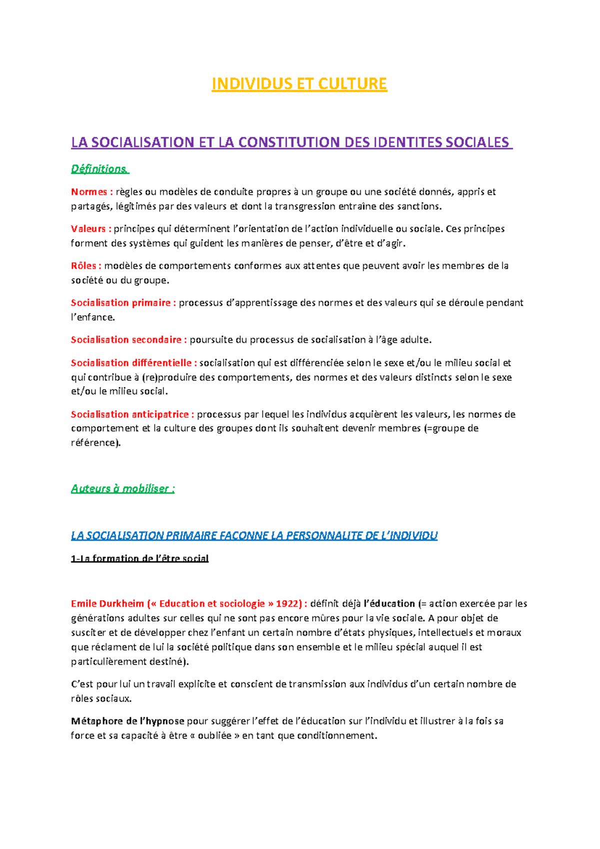 Individus et culture - INDIVIDUS ET CULTURE LA SOCIALISATION ET LA ...