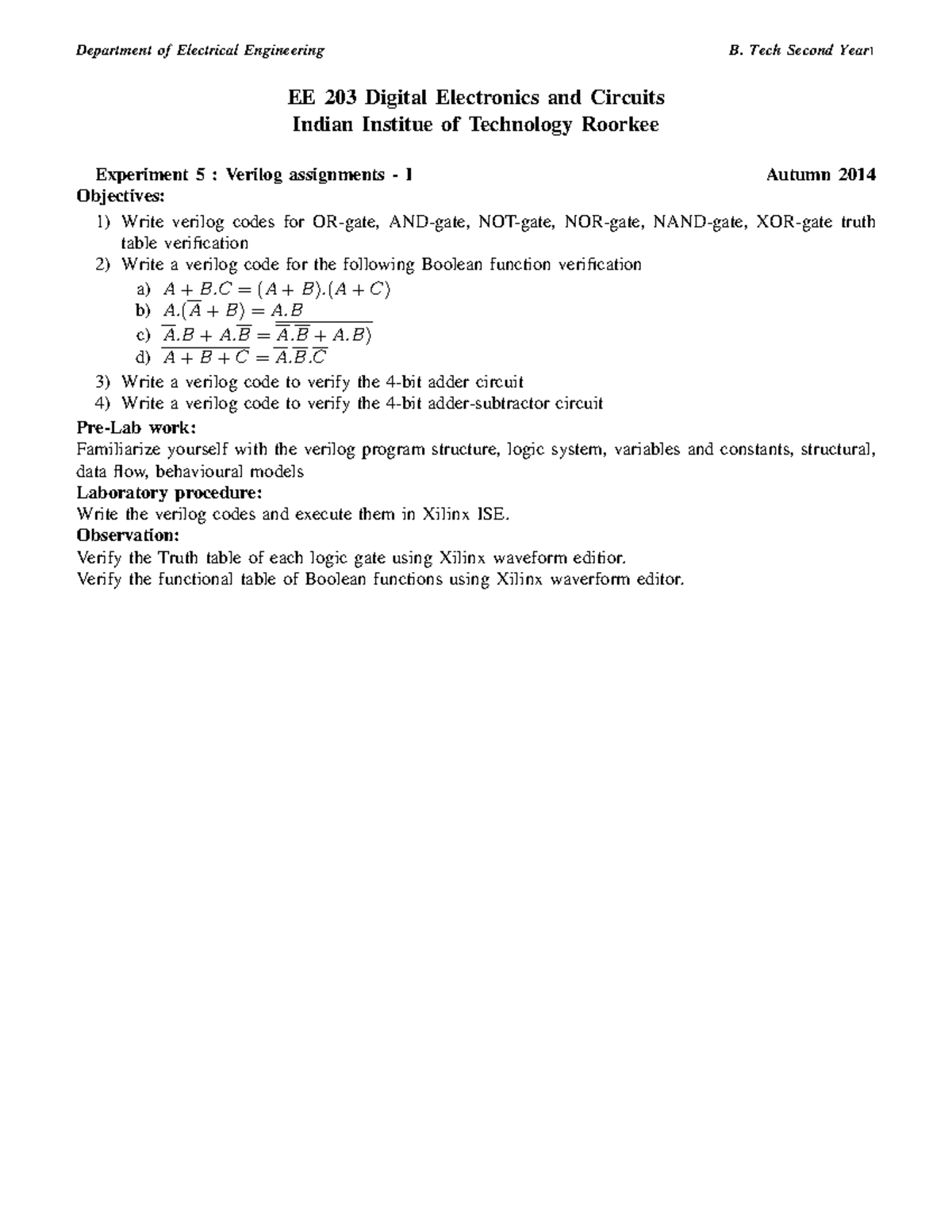 EEN 203 Experiment 5 - Department of Electrical Engineering B. Tech ...