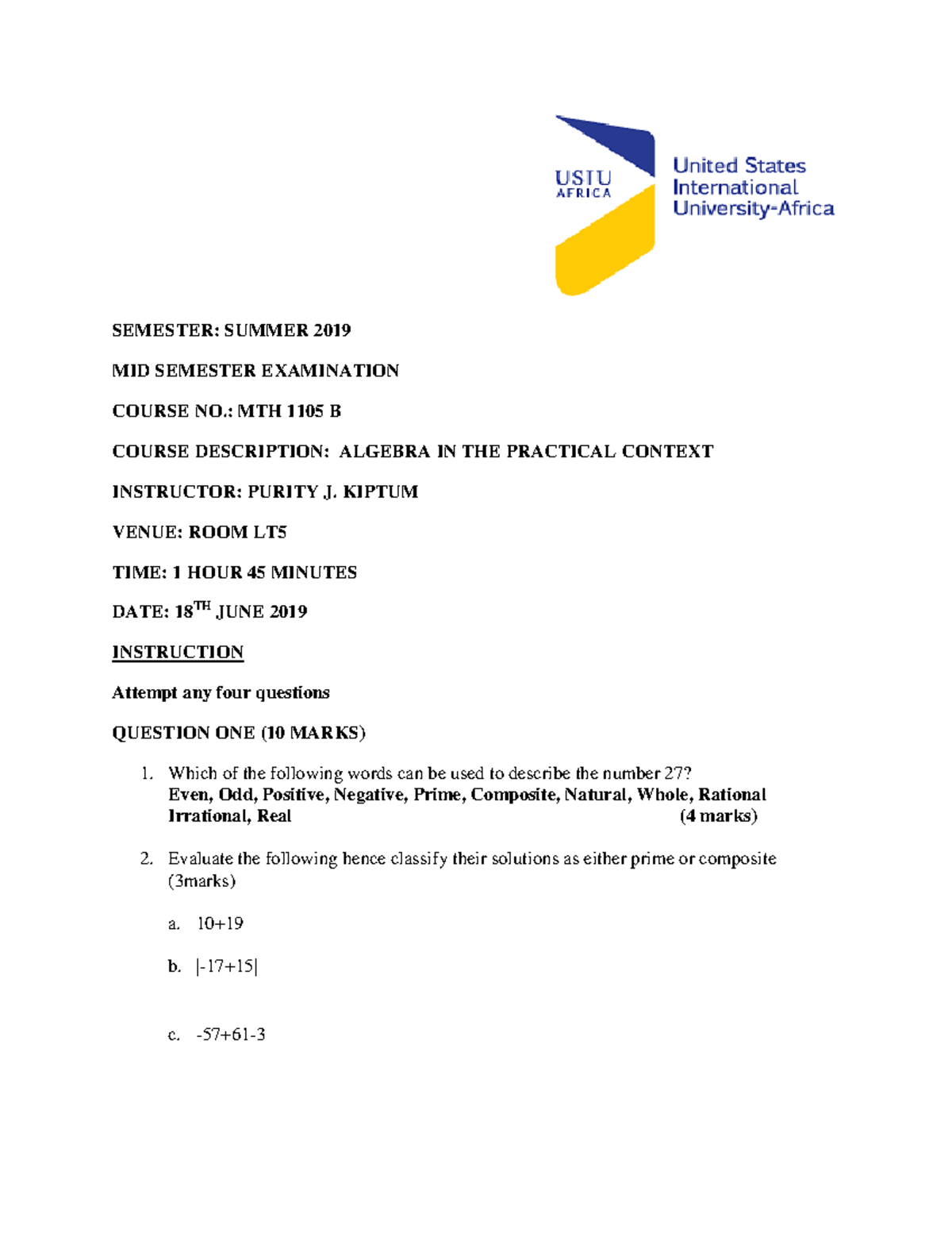 MID Semester Examination - SEMESTER: SUMMER 2019 MID SEMESTER ...