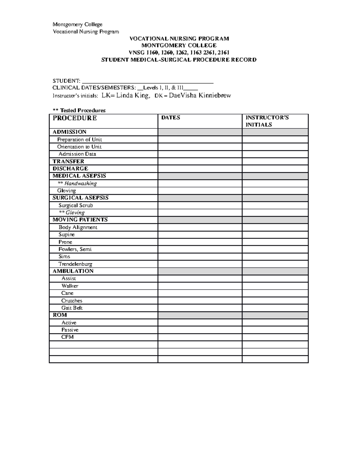 2021 Procedure Record Student 3 Semesters - Vocational Nursing Program ...