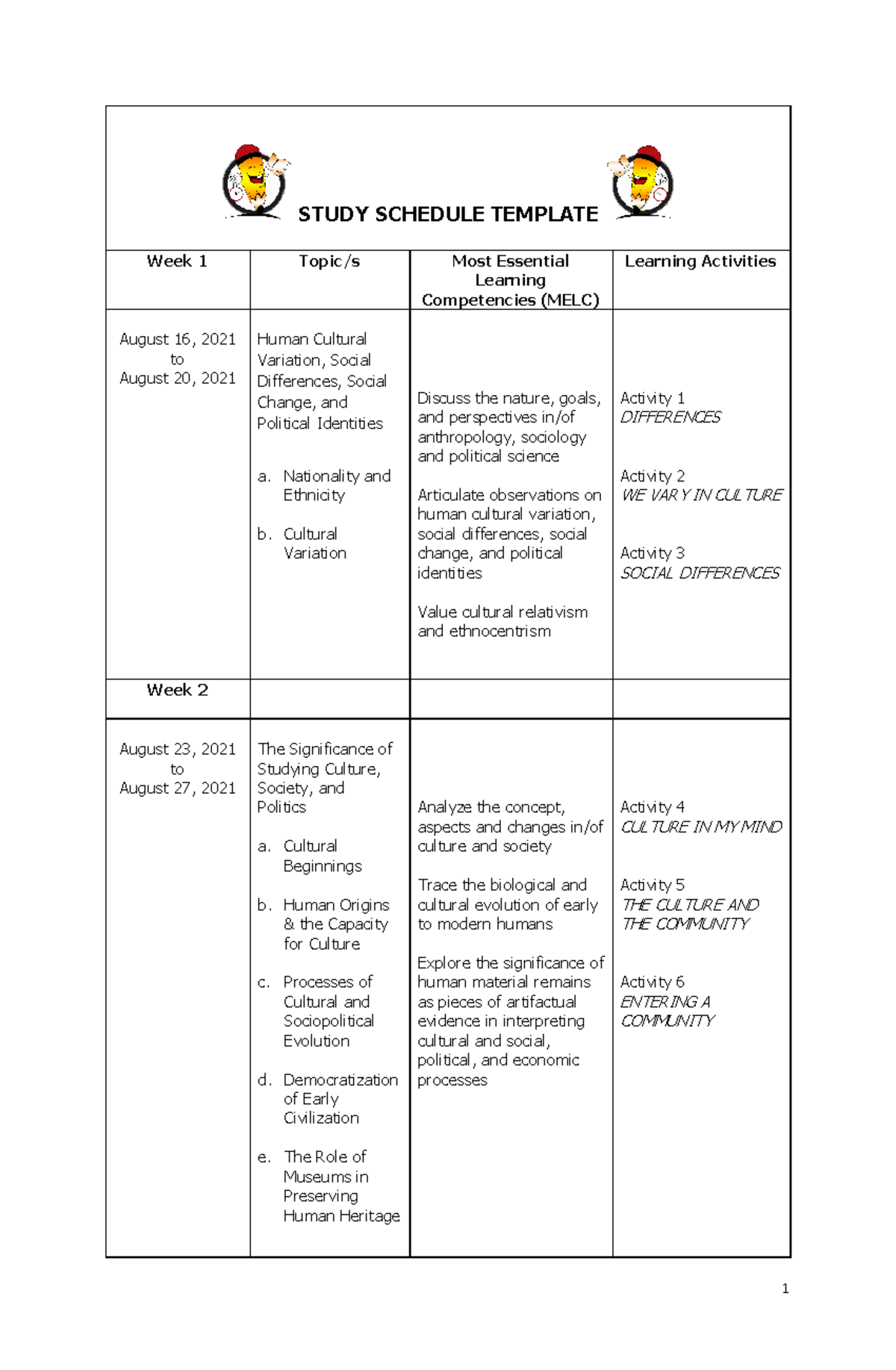 1st QA Module Compilation Week 1 4 3 - STUDY SCHEDULE TEMPLATE Week 1 ...