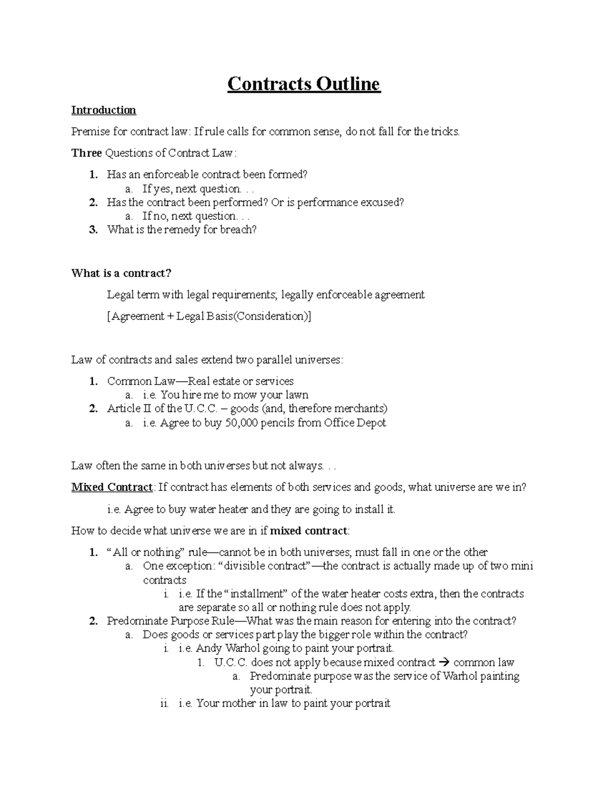 Contracts Outline - Notes - Contracts Outline Introduction Premise for ...