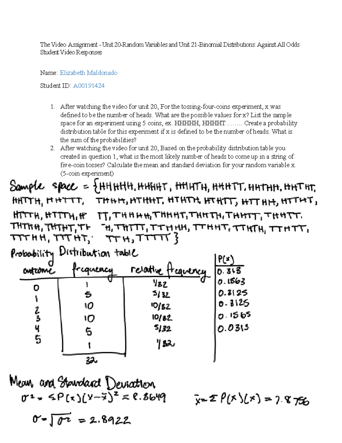 MATH-Random Variables - The Video Assignment - Unit 20-Random Variables and Unit 21-Binomial ...