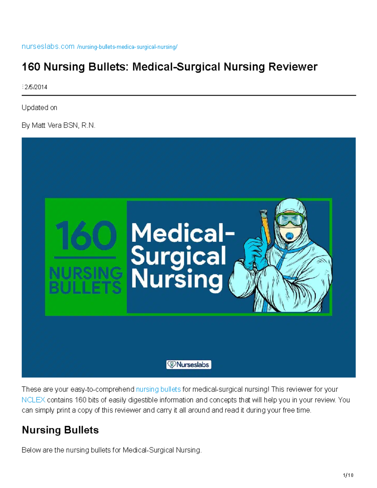 160 Nursing Bullets Medical-Surgical Nursing Reviewer - These are your ...
