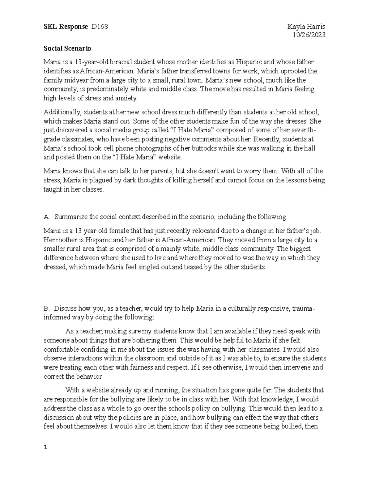 SEL Response - N/A - SEL Response D168 Kayla Harris 10/26/ Social ...