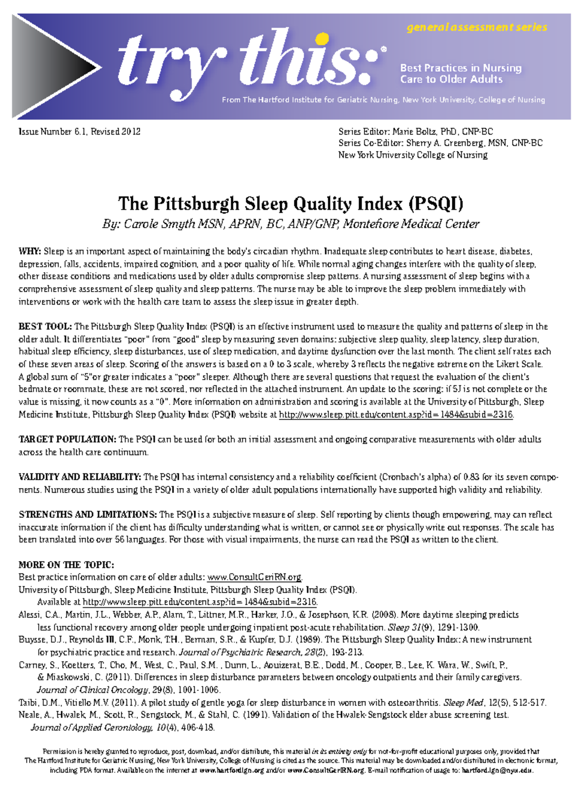 The Pittsburgh Sleep Quality Index (PSQI) - From The Hartford Institute ...