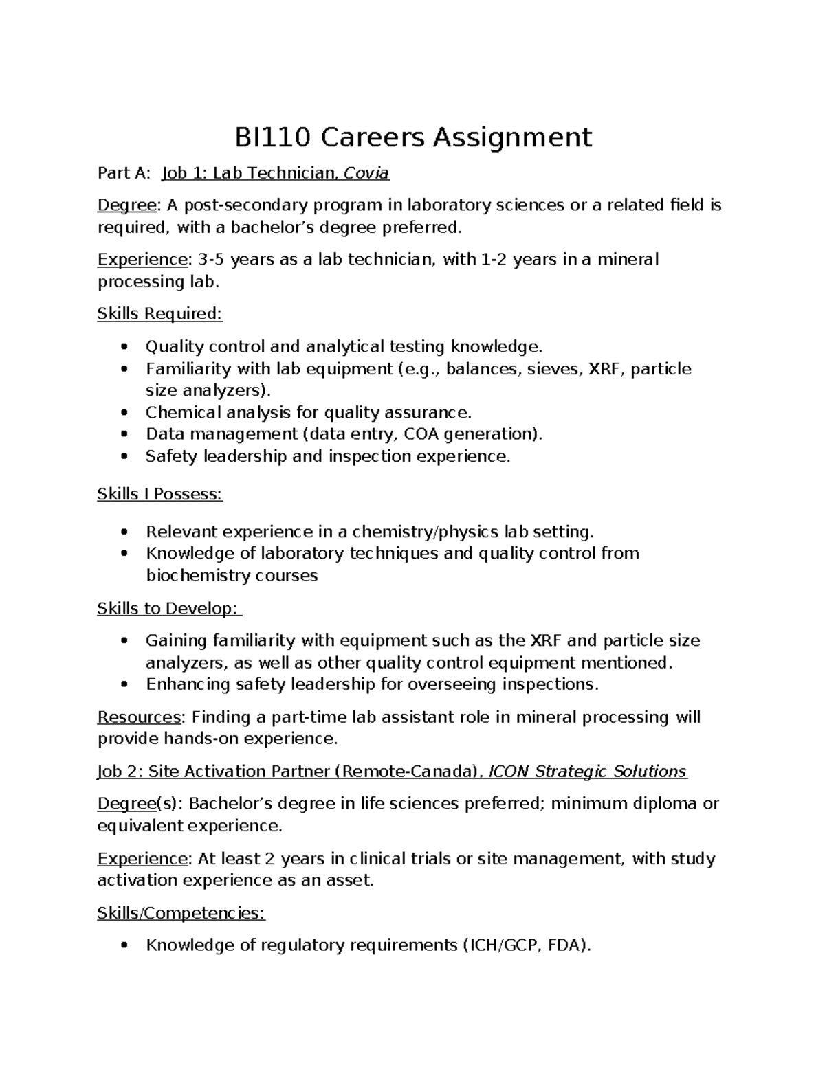 BI110 Careers Assignment - Experience: 3-5 years as a lab technician ...