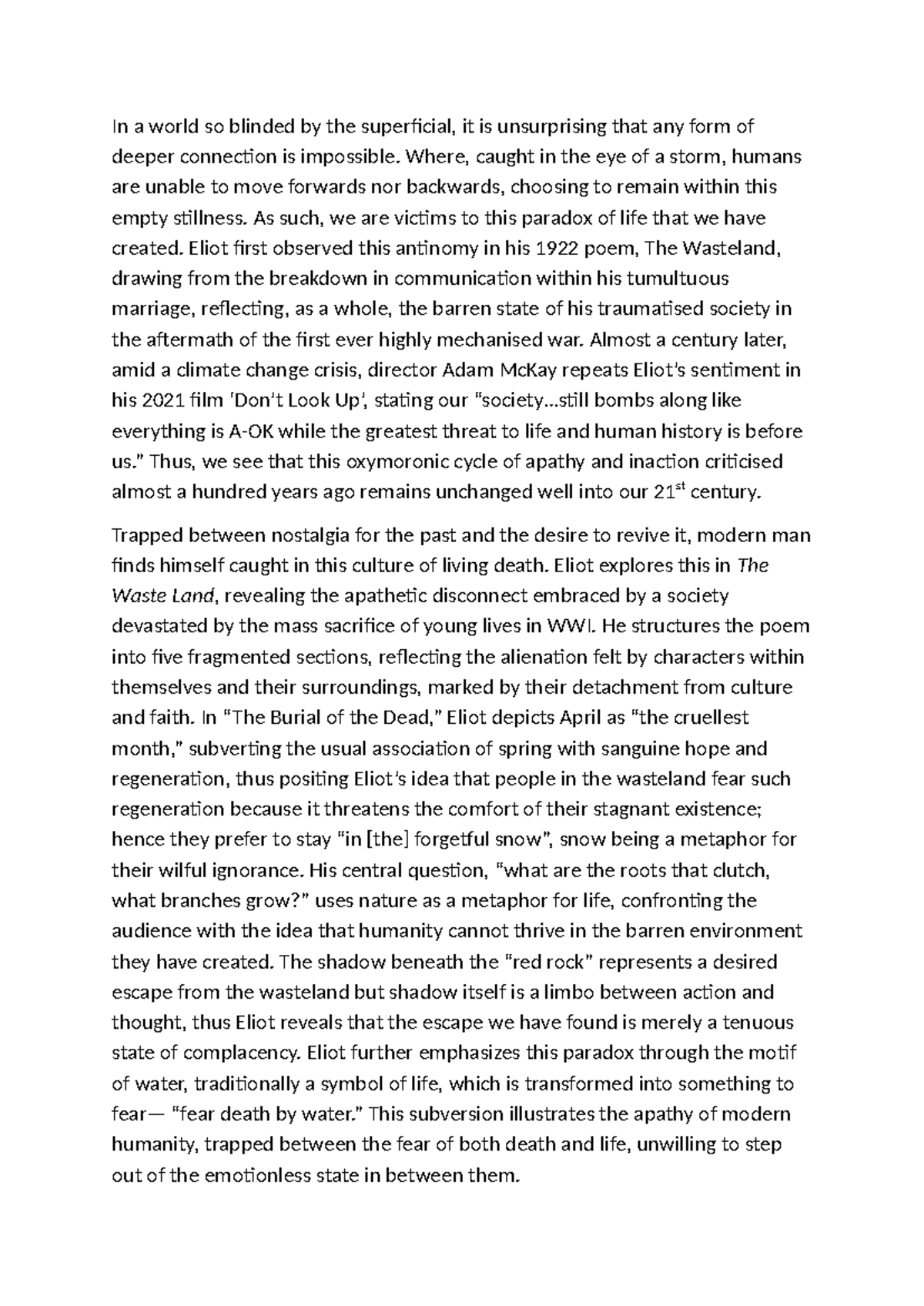 Speech - independent research project about ts eliot's the wasteland ...