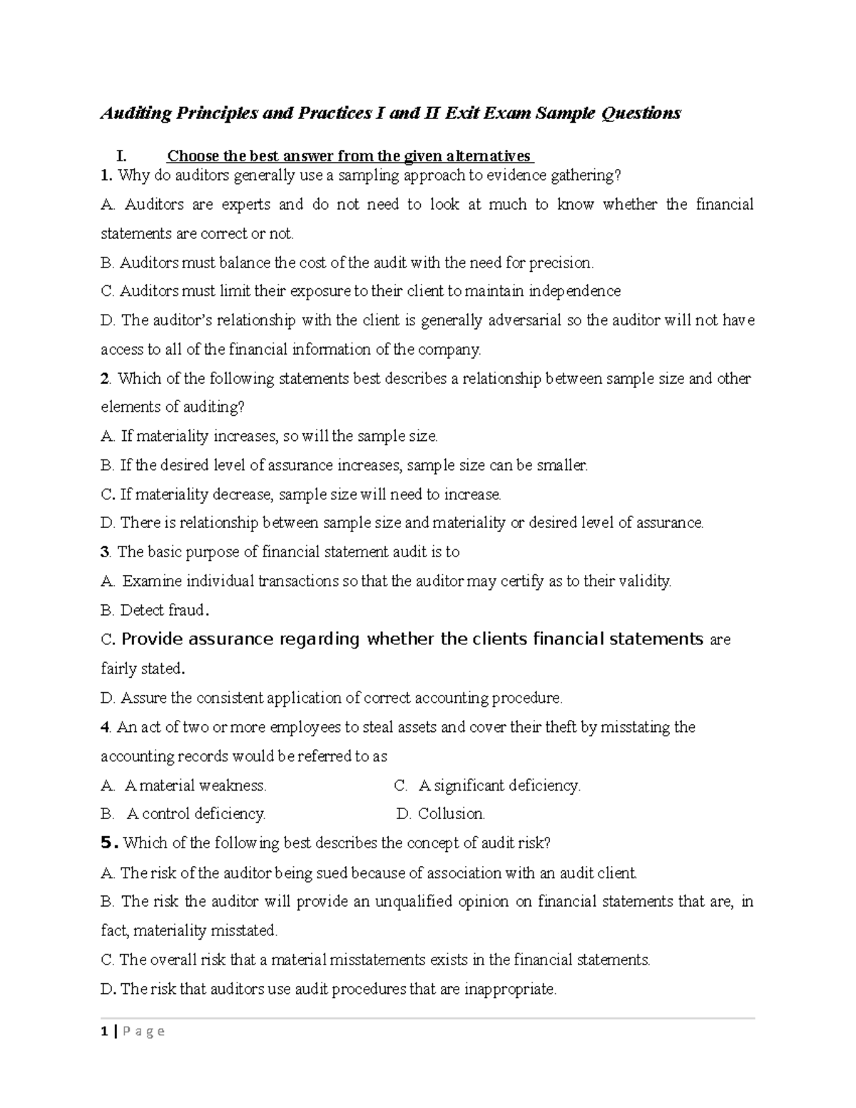 Auditing sample - Good - Auditing Principles and Practices I and II ...