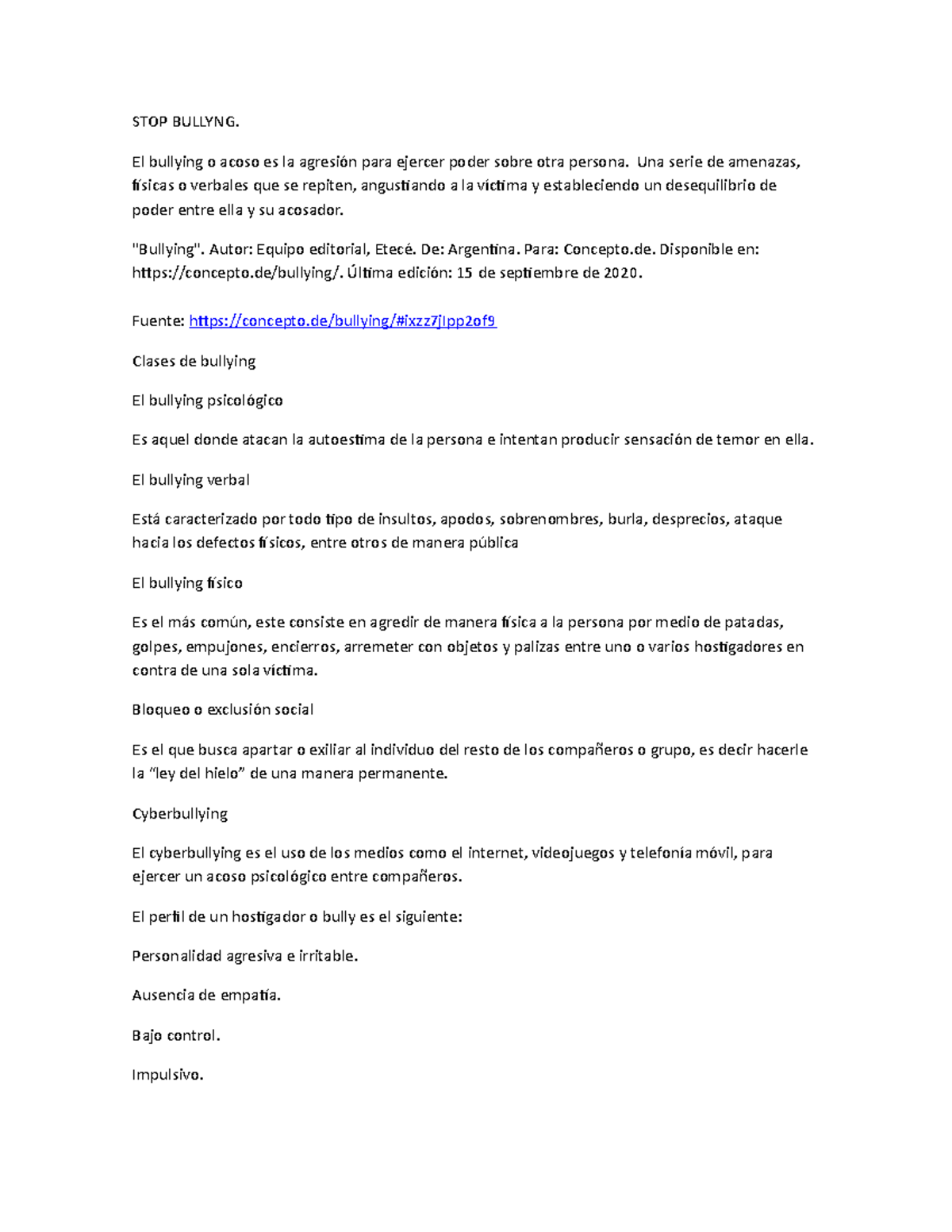 STOP Bullyng - un examen que puede ayudar - STOP BULLYNG. El bullying o ...