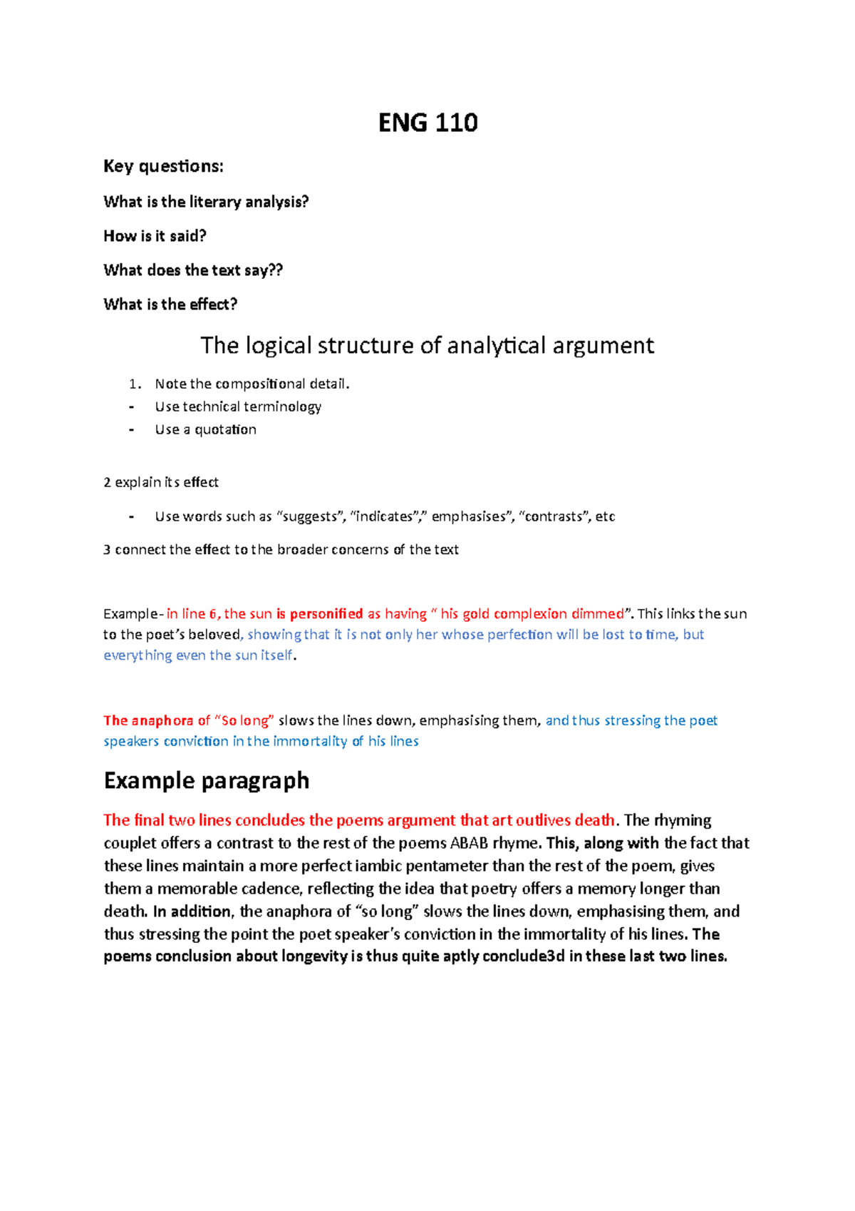 ENG 110 Notes - ENG 110 Key questions: What is the literary analysis ...