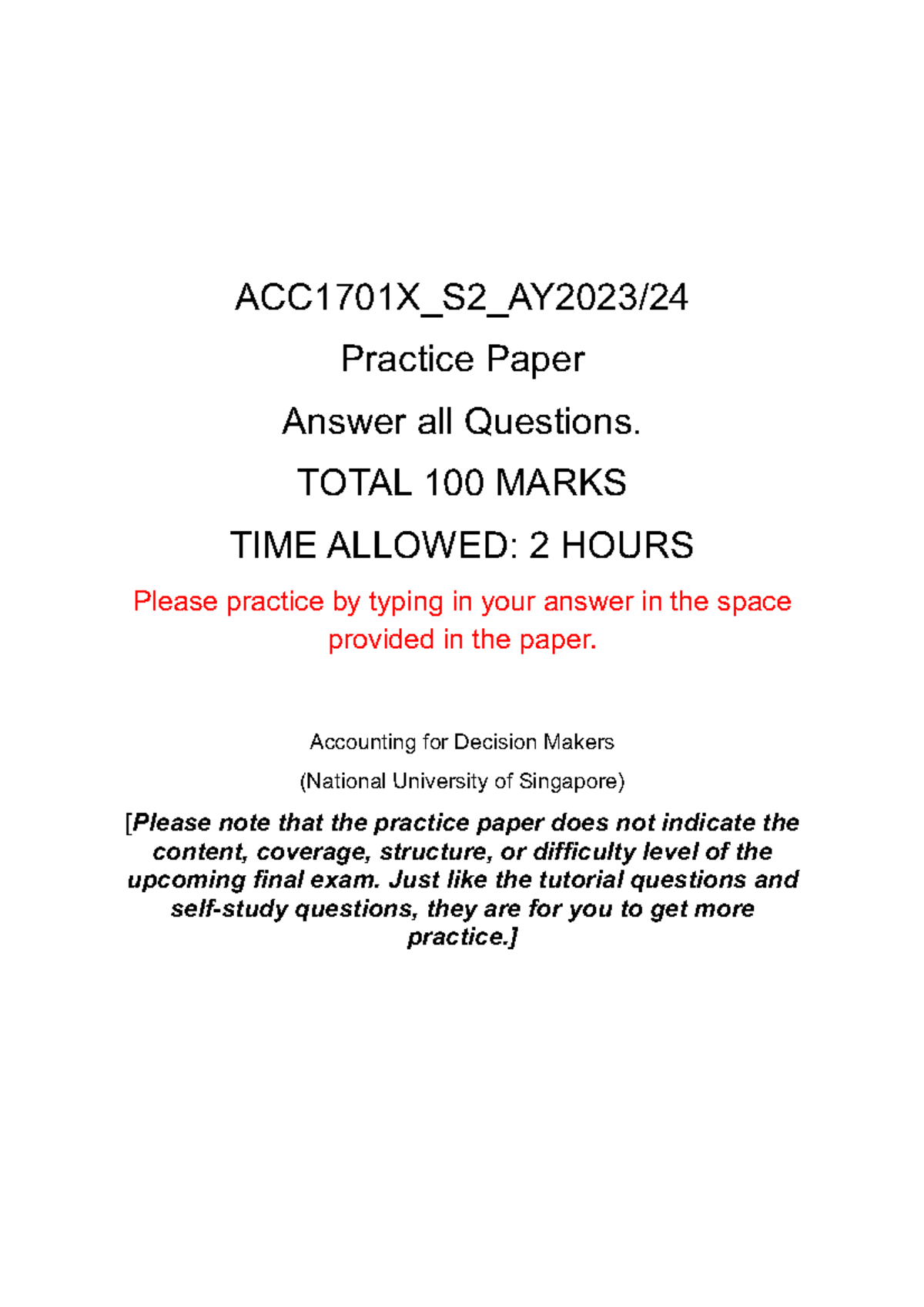 ACC1701X S2 AY2023.24 Practice Paper 2024 - Practice Paper Answer all ...