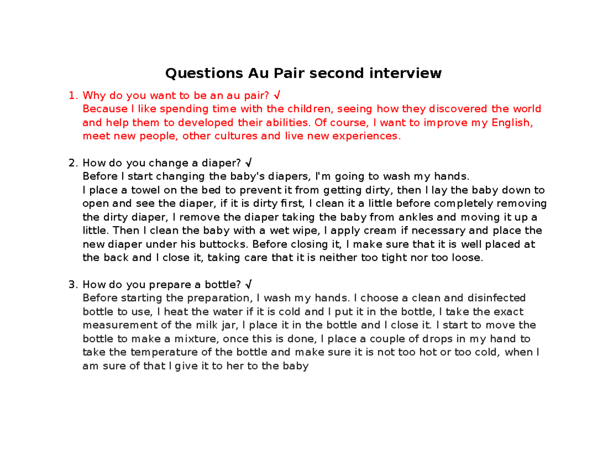 Preguntas Au Pair - Use it - Questions Au Pair second interview 1. Why ...