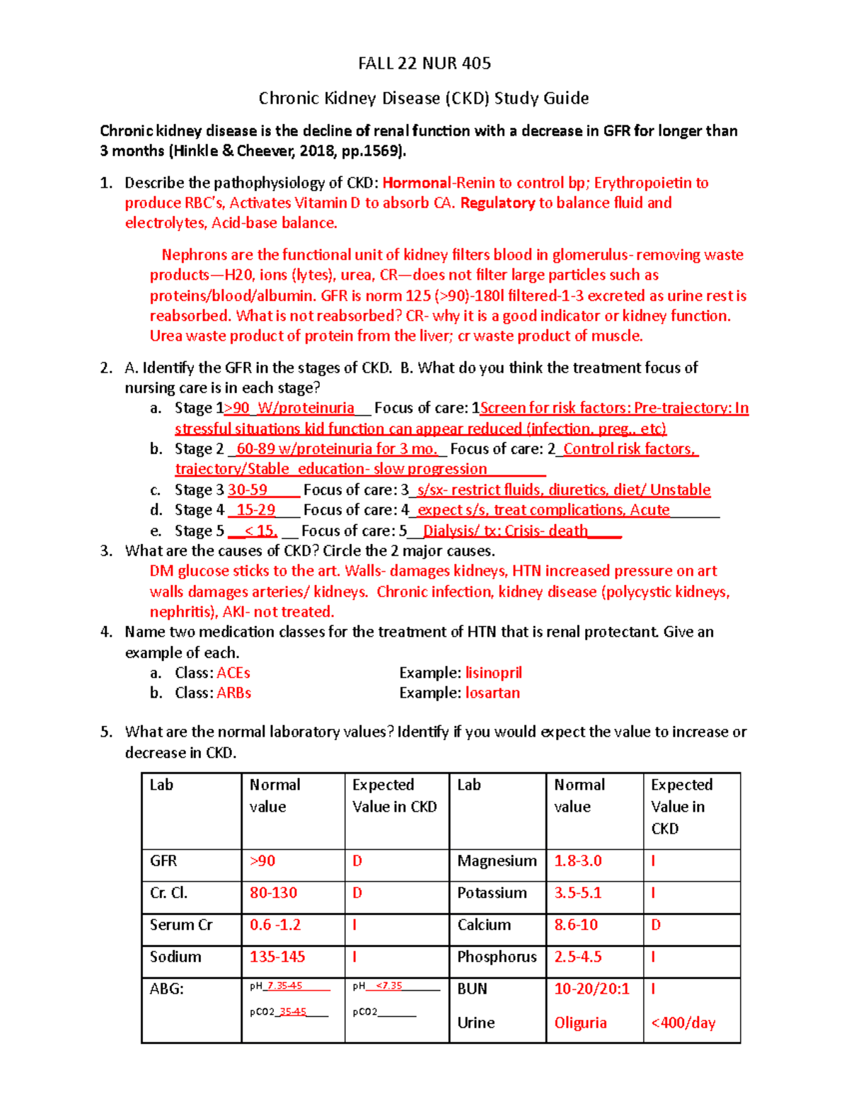 CKD Study Guide - FALL 22 NUR 405 Chronic Kidney Disease (CKD) Study ...