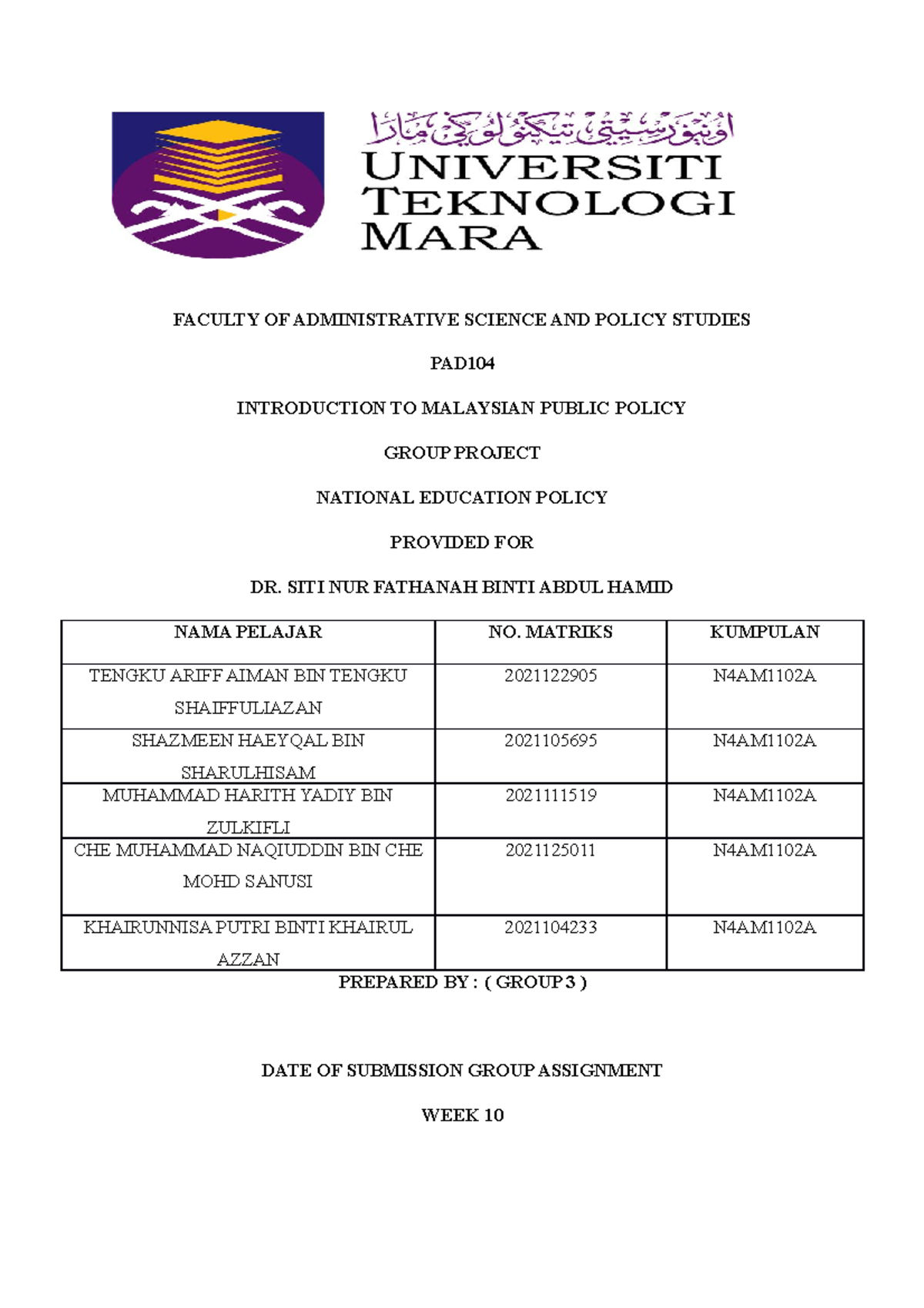 (PAD104) Assignment Group 3 - FACULTY OF ADMINISTRATIVE SCIENCE AND ...